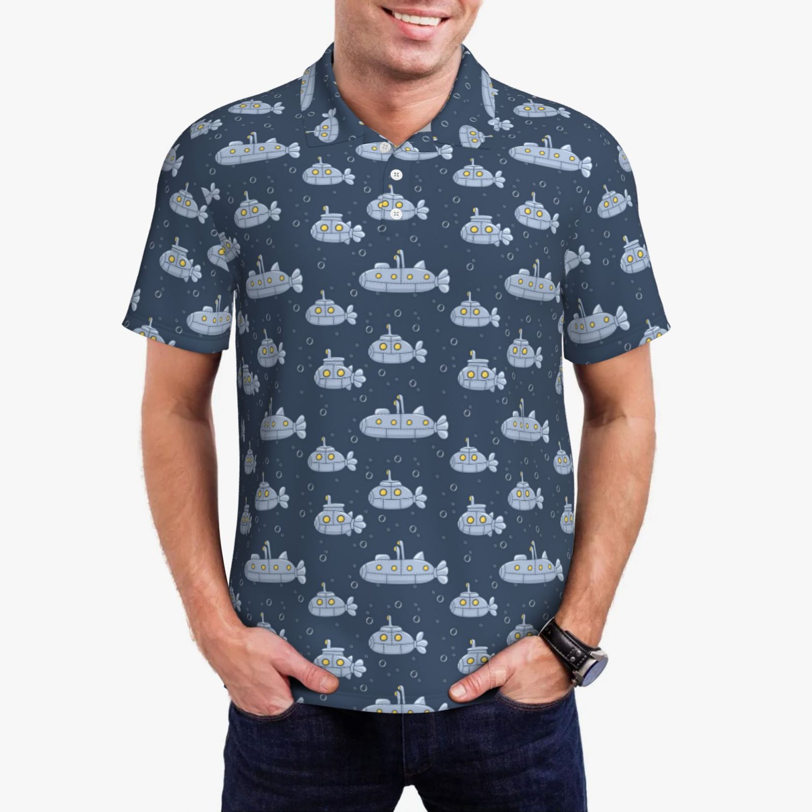 Polo Shirts for Men, Submarine With Periscope Cuteness Casual Mens Polo ...