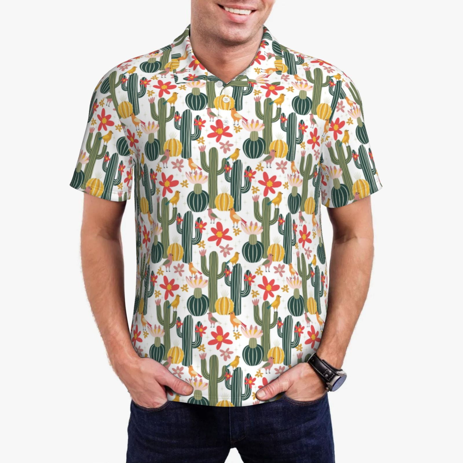 Polo Shirts for Men Summer Cactus With Blooming Casual Mens Short ...