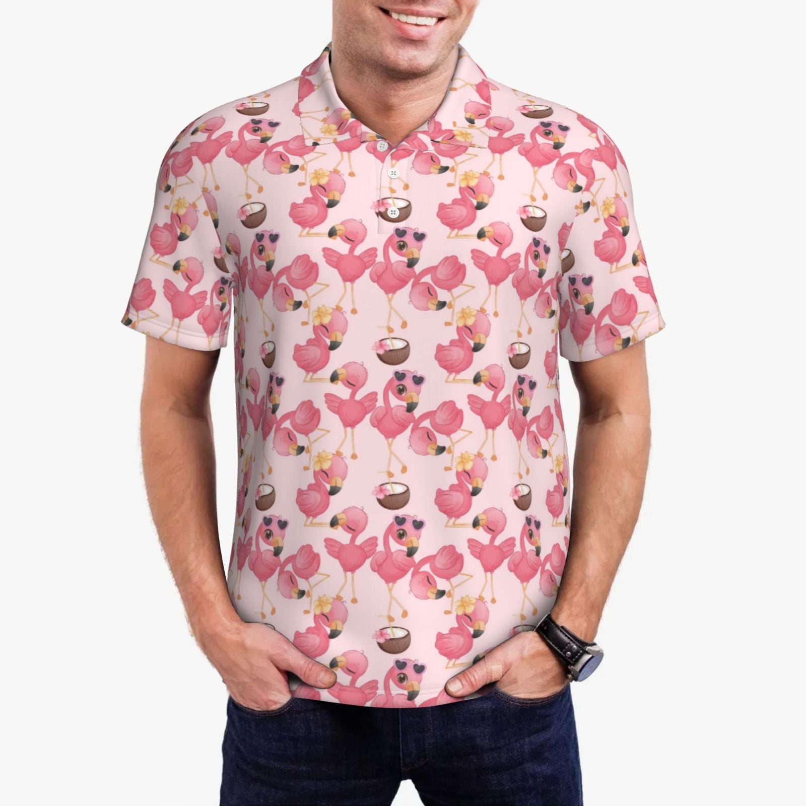 Polo Shirts for Men - Summer Flamingo Classic Mens Polo Shirts Casual Short Sleeve Button Down ...