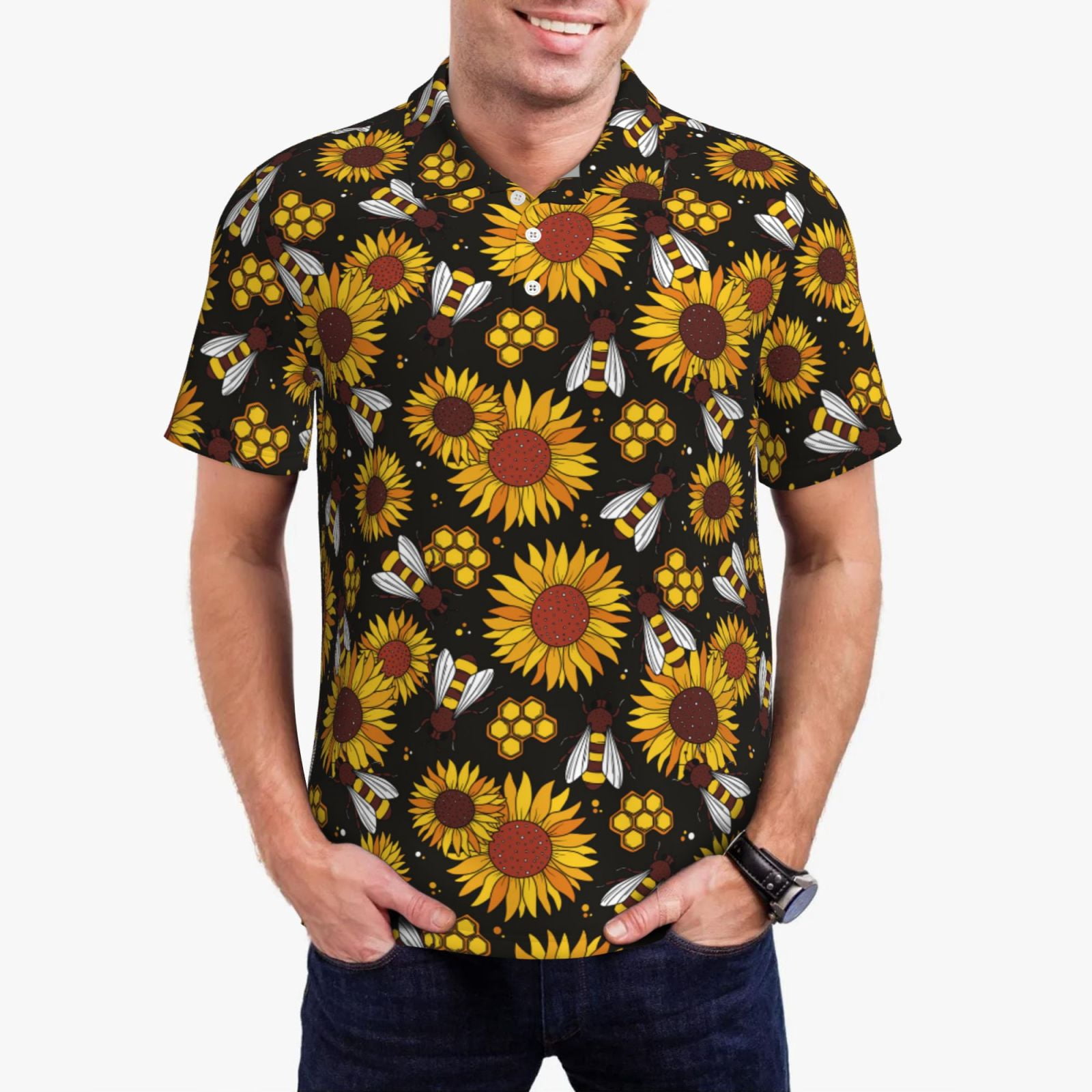 Polo Shirts for Men, Sunflowers Honeycomb Cuteness Casual Mens Polo ...