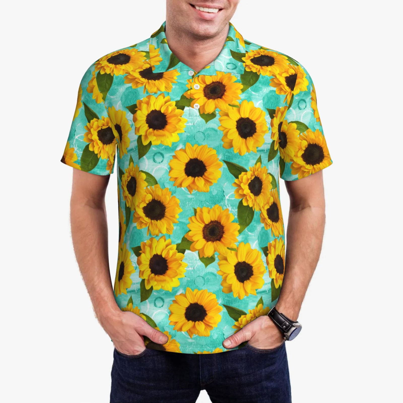 Polo Shirts for Men - Sunflowers With Green Leaves Classic Mens Polo ...