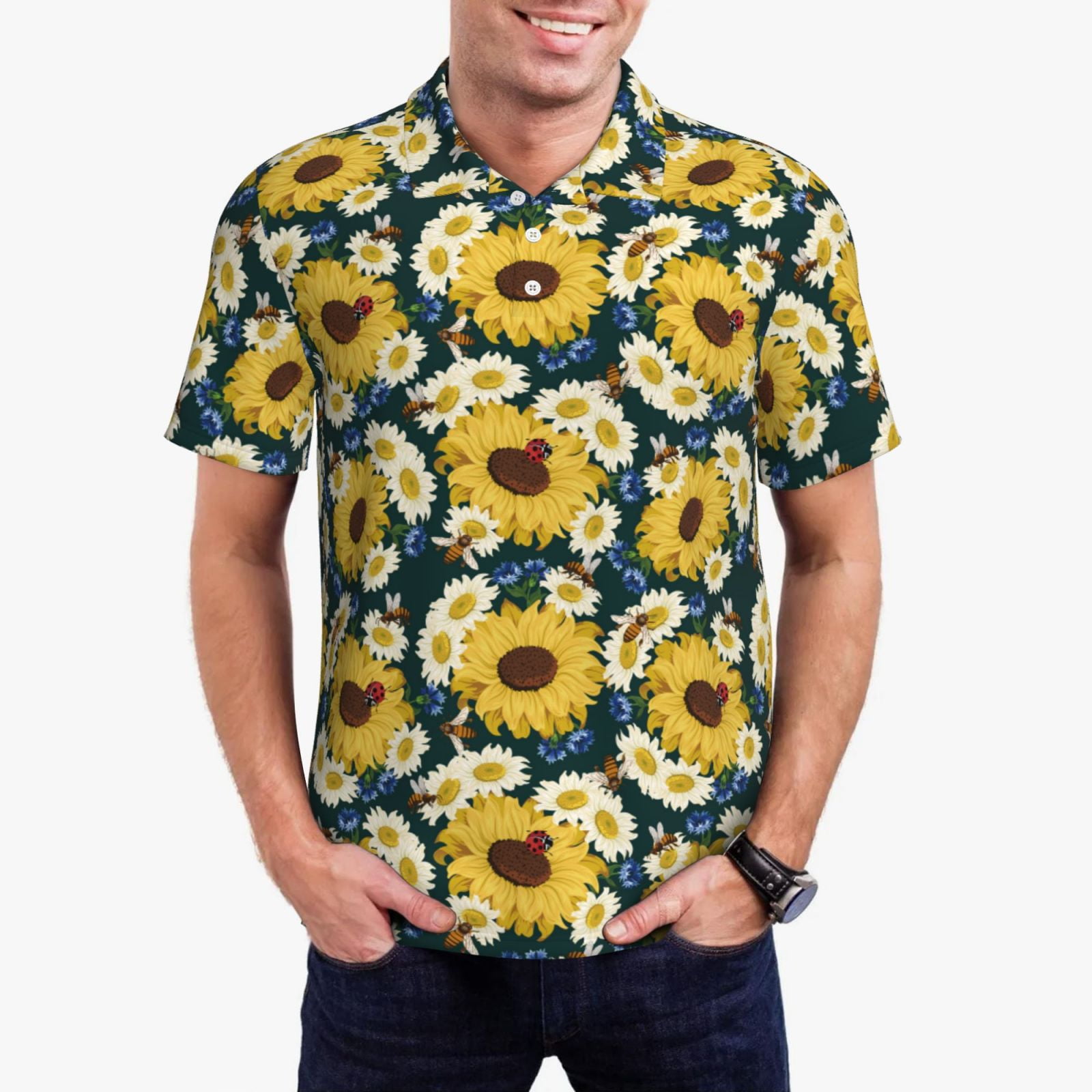 Polo Shirts for Men - Sunflowers Yellow White Classic Mens Polo Shirts ...