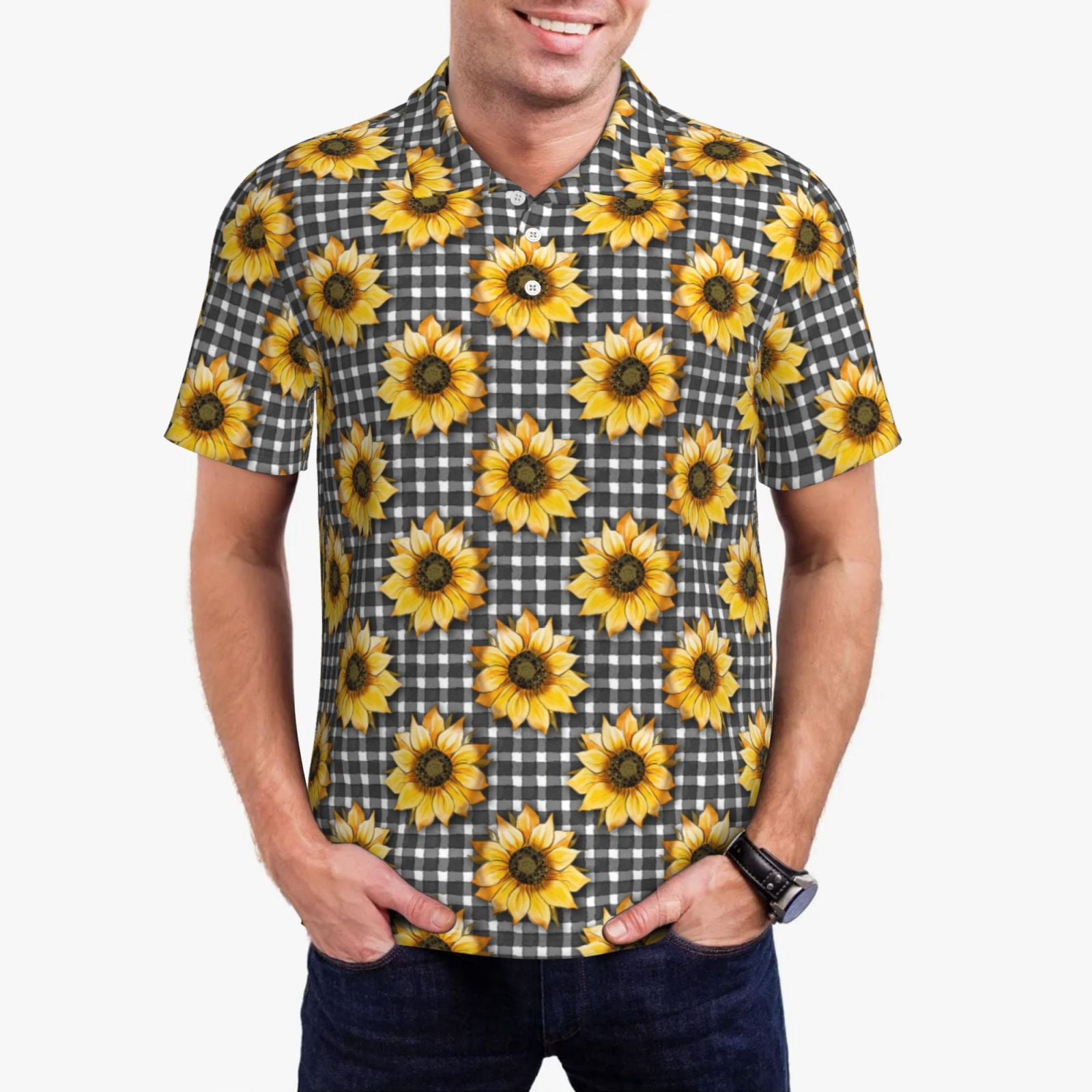 Polo Shirts for Men, Sunflowers checkered grey white Cuteness Casual ...