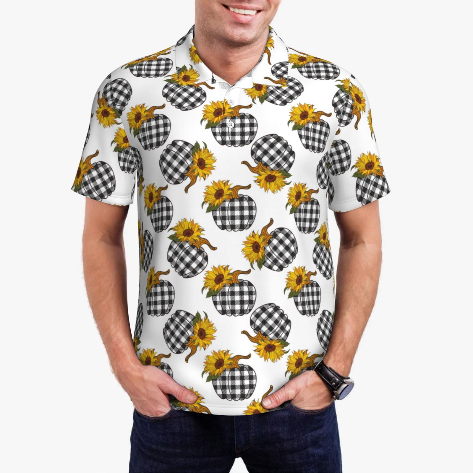 Polo Shirts for Men - Sunflowers pumpkins plaid checkered Mens Polo ...