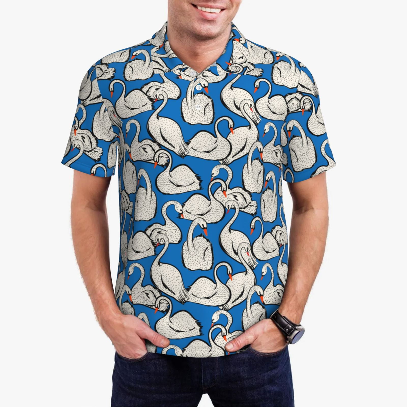 Polo Shirts for Men - Swan Birds Mens Polo Shirts Short Sleeve, Button ...
