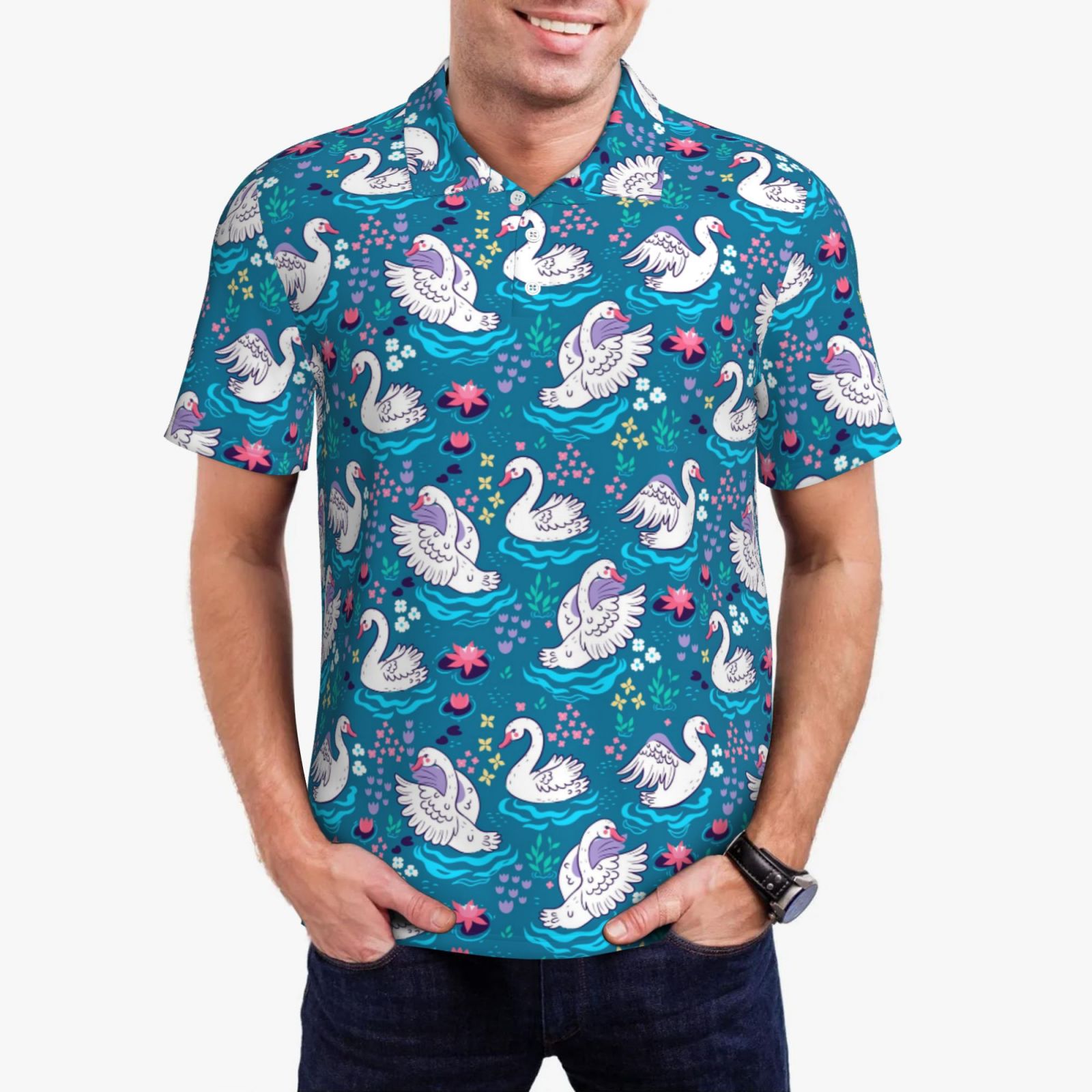 Polo Shirts for Men Swan On The Pond Casual Mens Short Sleeve Polo ...