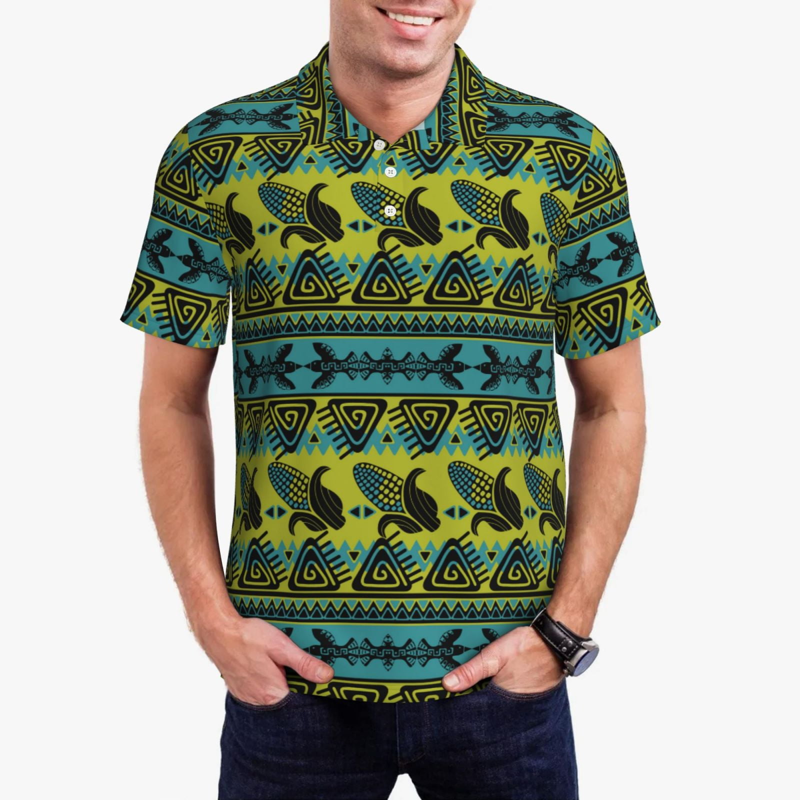 Polo Shirts for Men - Teal Vintage Corn Pattern Classic Mens Polo ...