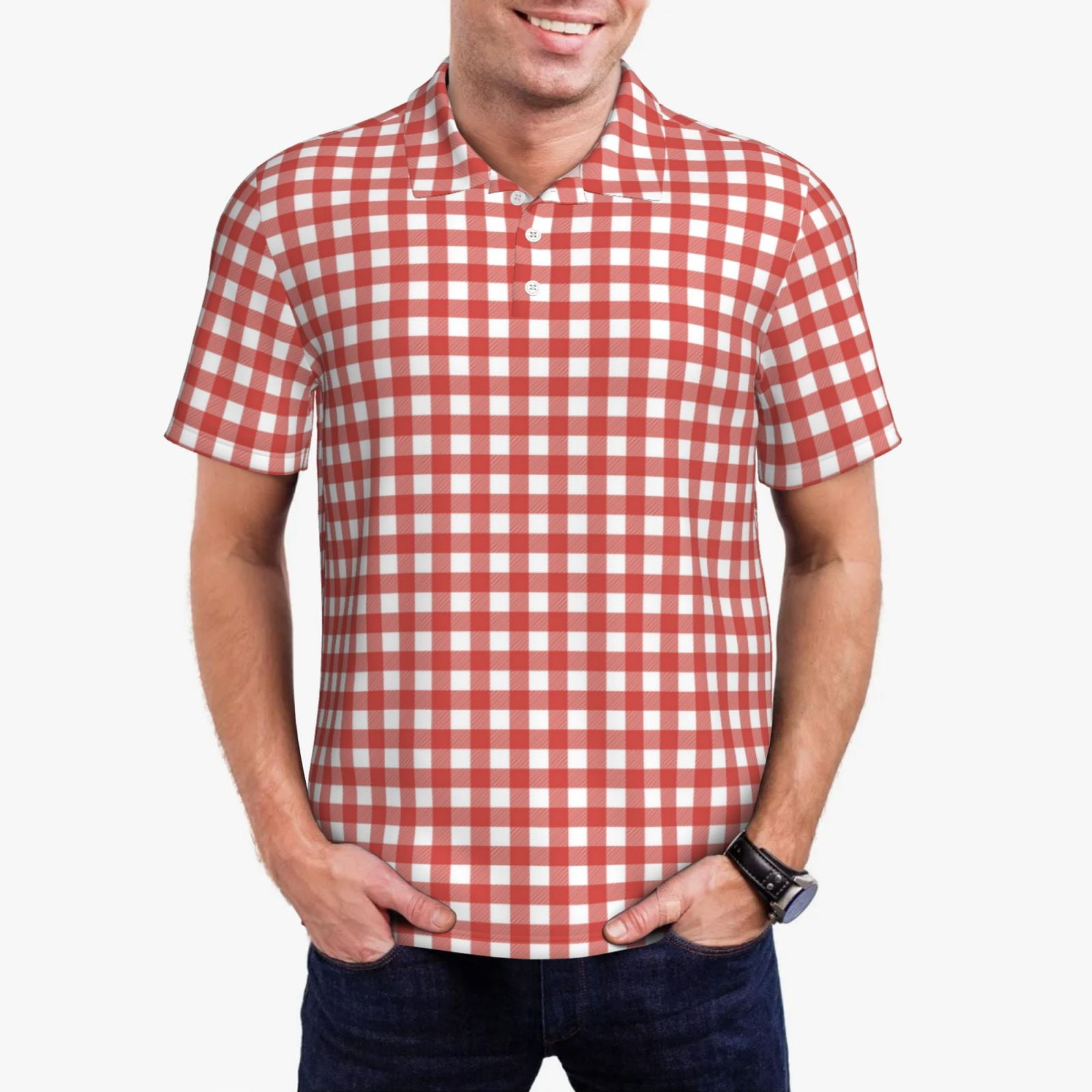 Polo Shirts for Men Textured red white plaid Checkered Casual Mens ...