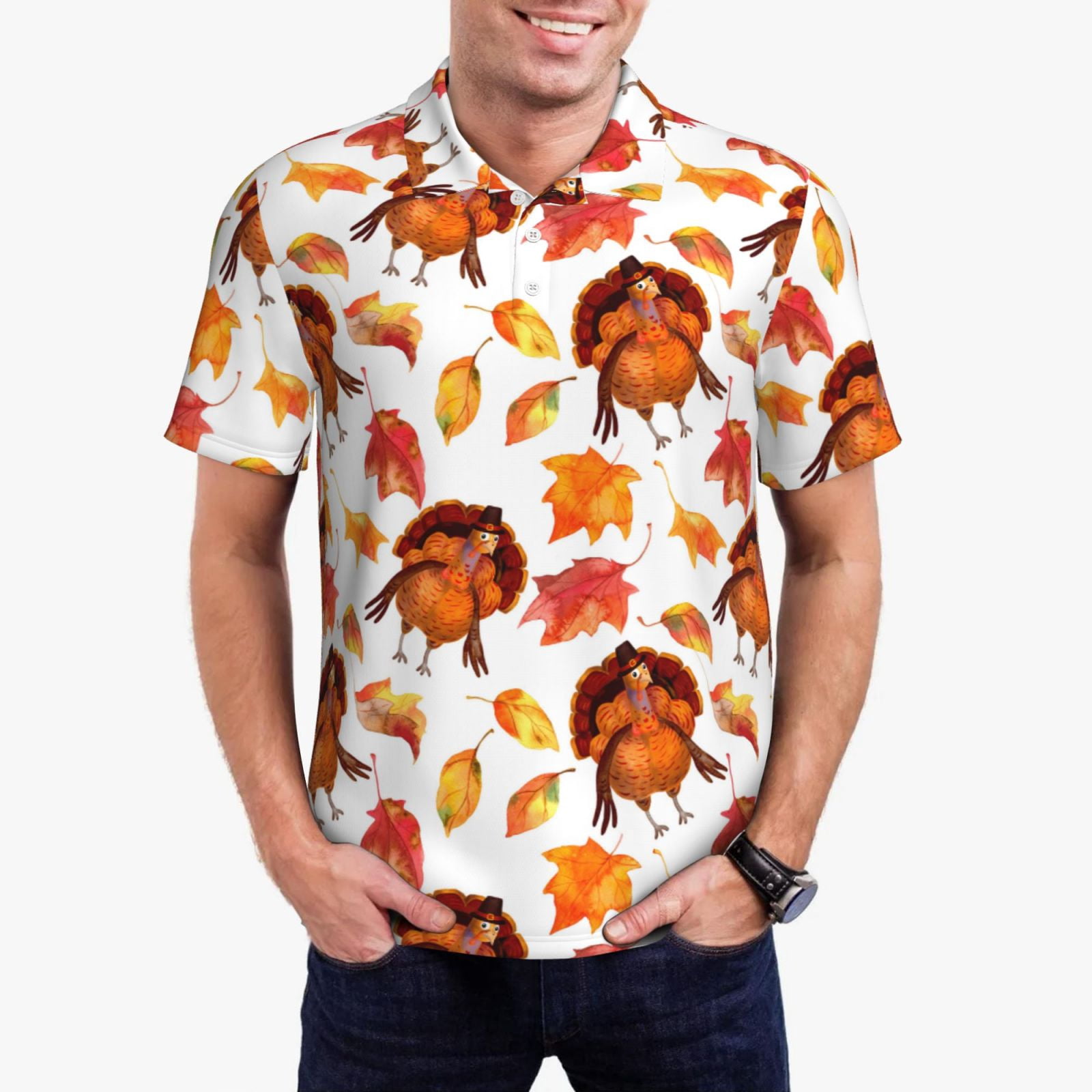 Polo Shirts for Men Thanksgiving Turkey Leaves Casual Mens Short Sleeve ...