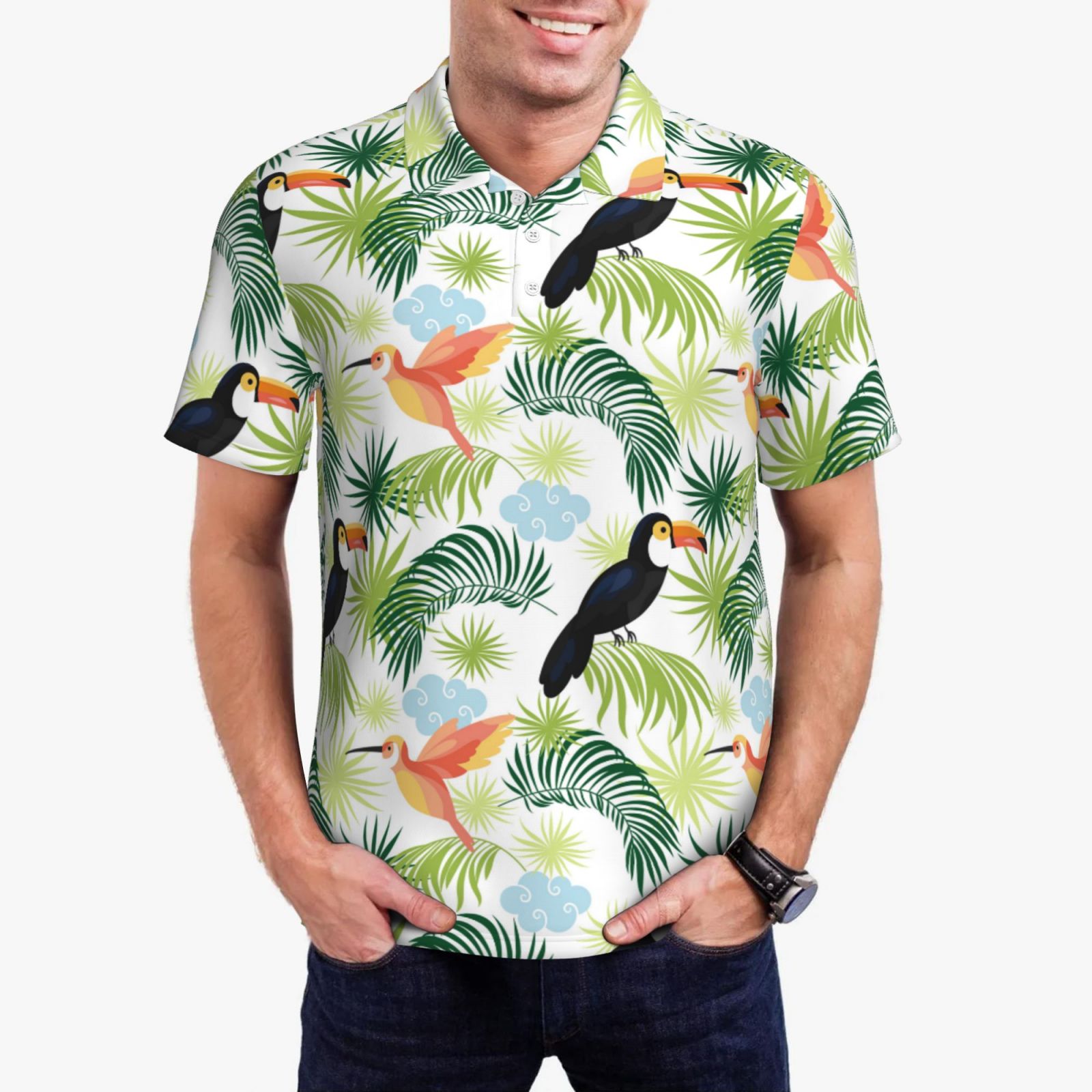 Polo Shirts for Men, Toucan and Hummingbird Cuteness Casual Mens Polo ...