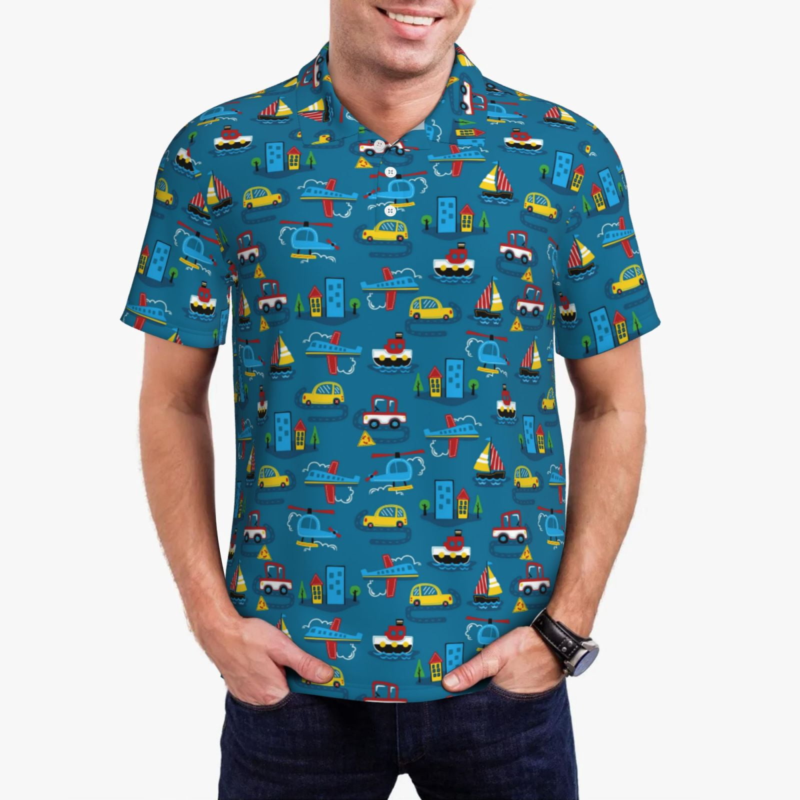 Polo Shirts for Men, Transportations with Buildings Soft Casual Mens ...