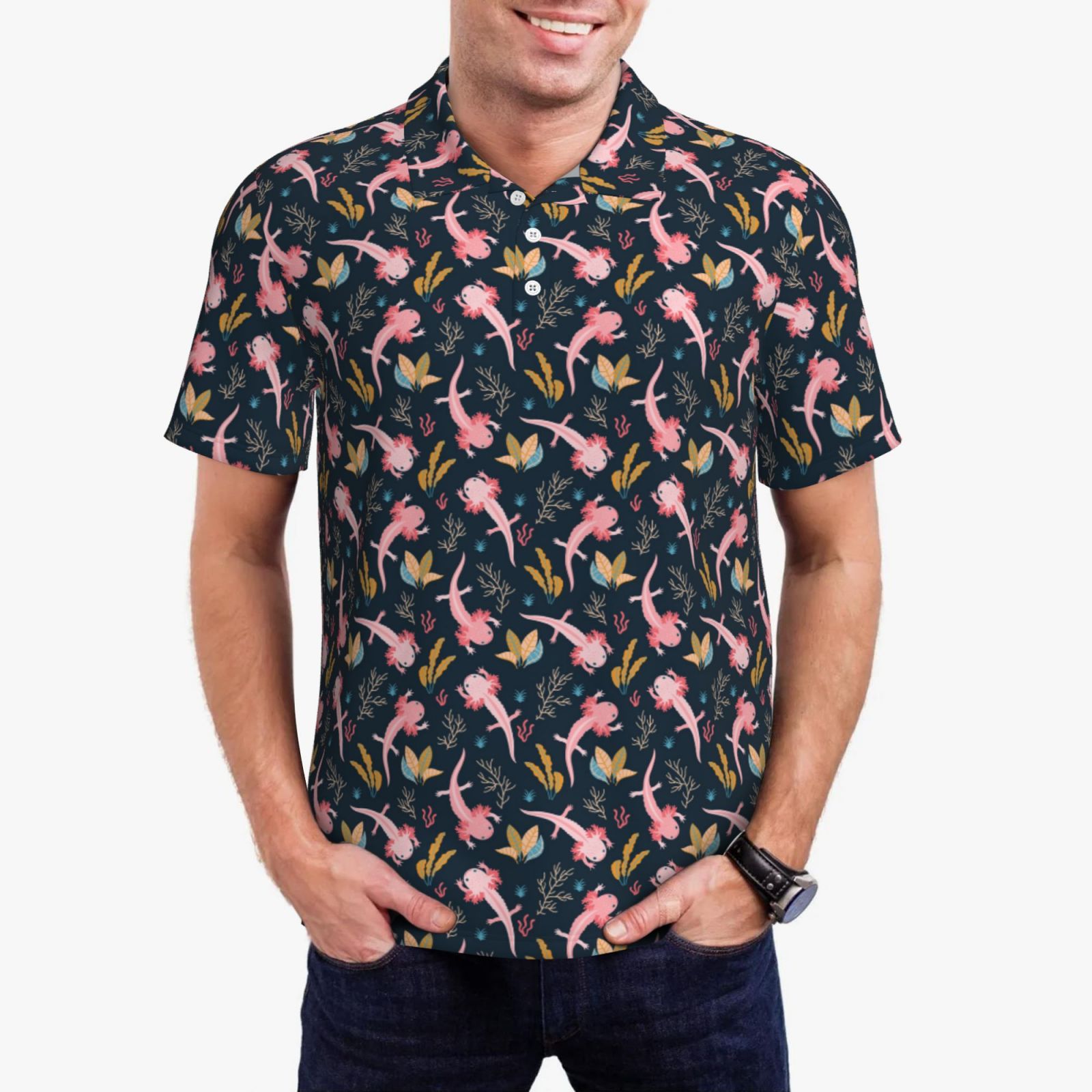 Polo Shirts for Men - Trendy cute pink Axolotl Soft Comfort Breathable ...