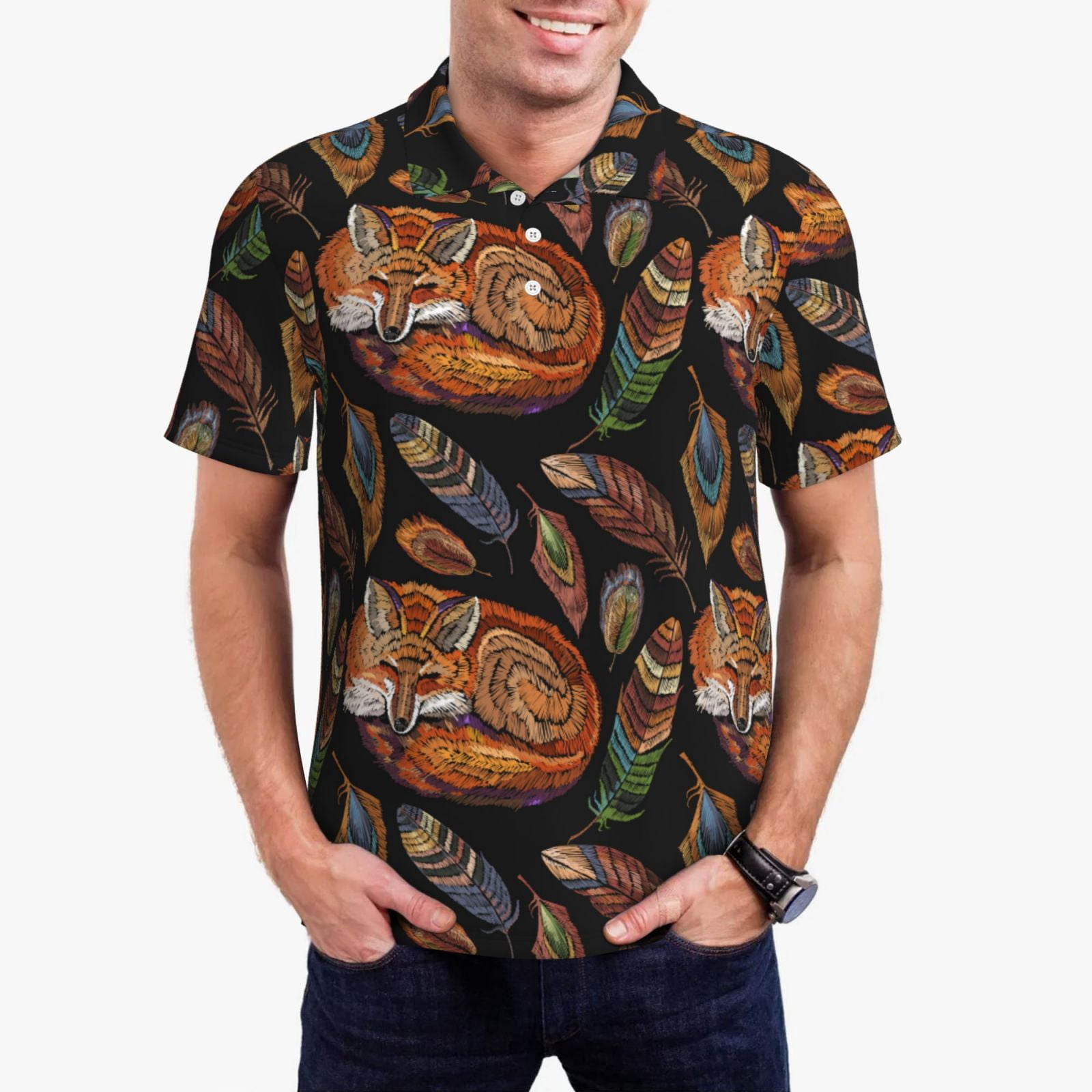 Polo Shirts For Men Tribal Fox Feather Casual Mens Short Sleeve Polo 3924
