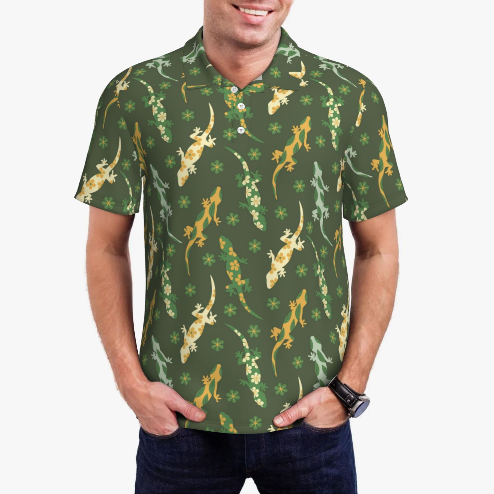 Polo Shirts for Men Tropical Lizard Gecko Green Casual Mens Short ...