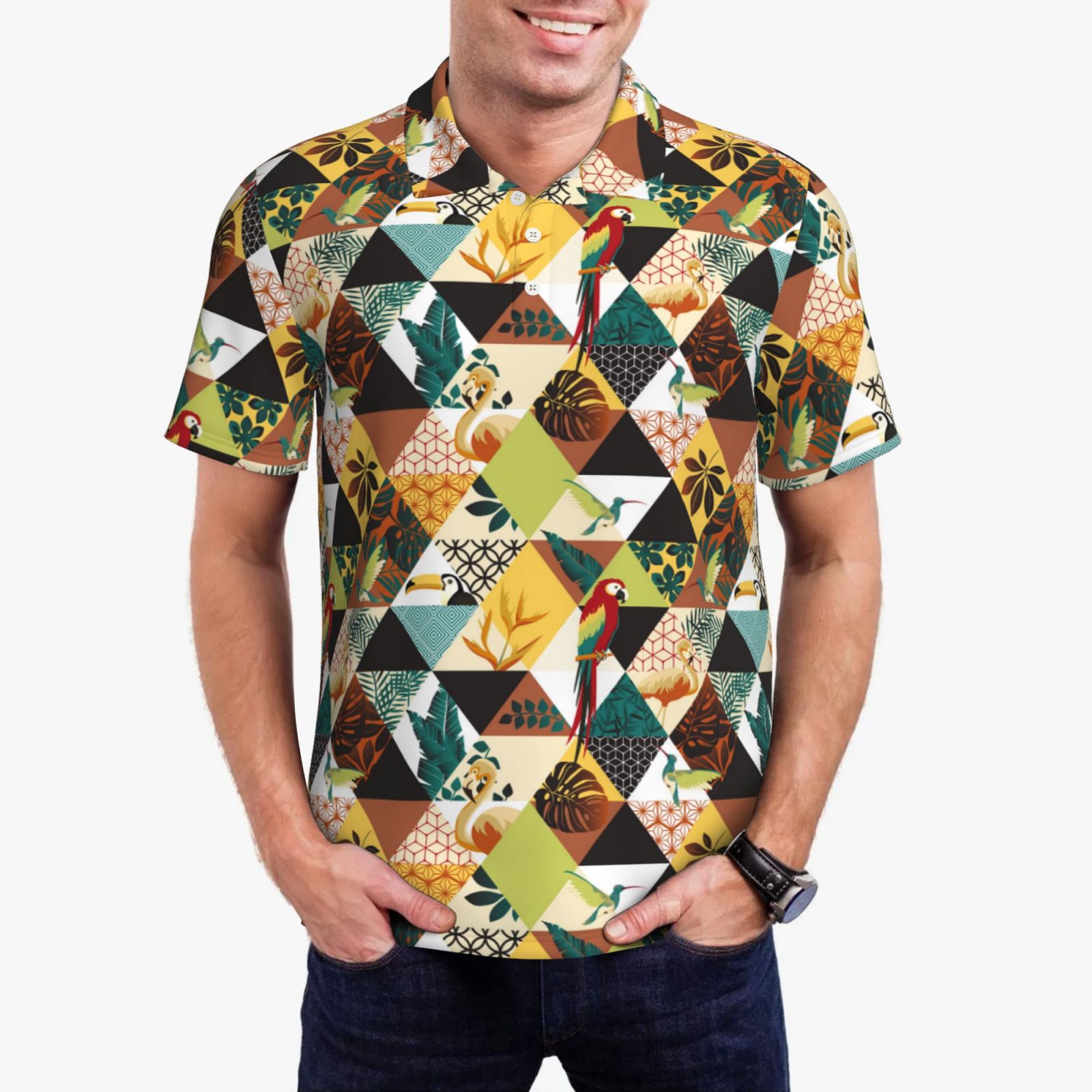Polo Shirts for Men, Tropical Parrot Flamingo Bird Cuteness Casual Mens ...