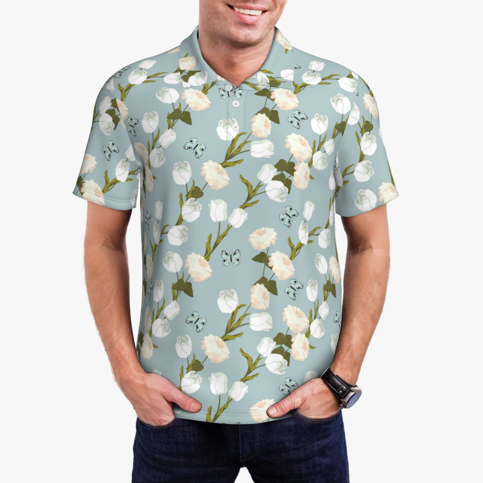 Polo Shirts for Men, Tulips Flowers Blue Cuteness Casual Mens Polo ...