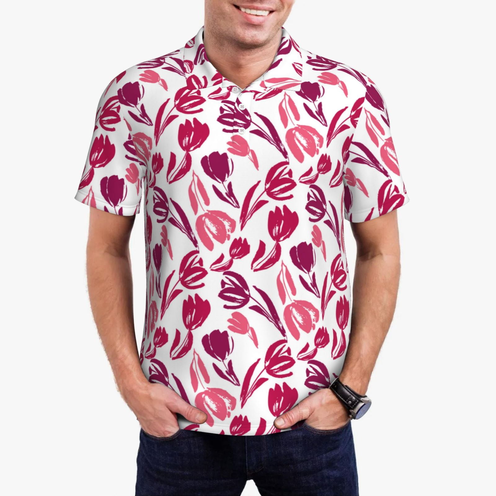 Polo Shirts for Men, Tulips Flowers Red Pink Cuteness Casual Mens Polo ...