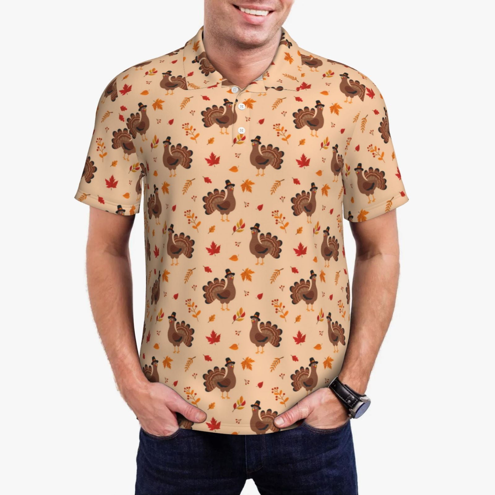Polo Shirts for Men Turkey And Autumn Leaves Casual Mens Short Sleeve ...