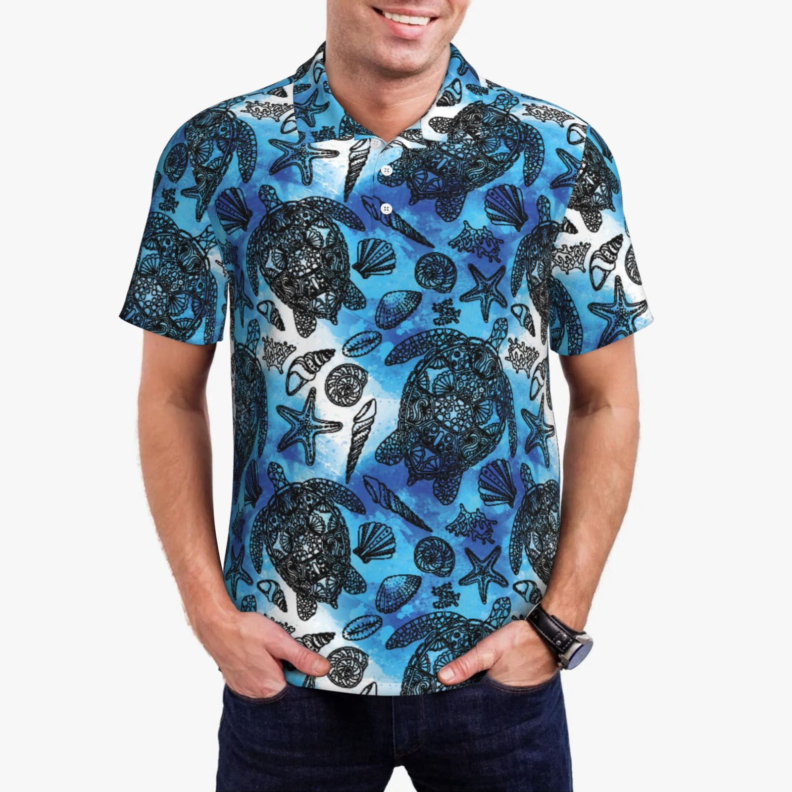 Polo Shirts for Men, Turtle Shell Starfish Coral Cuteness Casual Mens ...