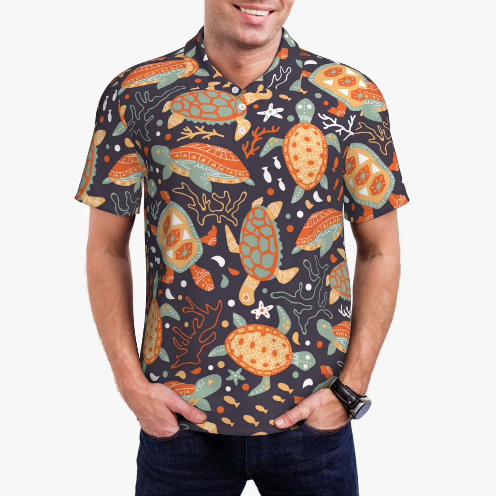 Polo Shirts for Men, Turtles and Sea Plants Cuteness Casual Mens Polo ...