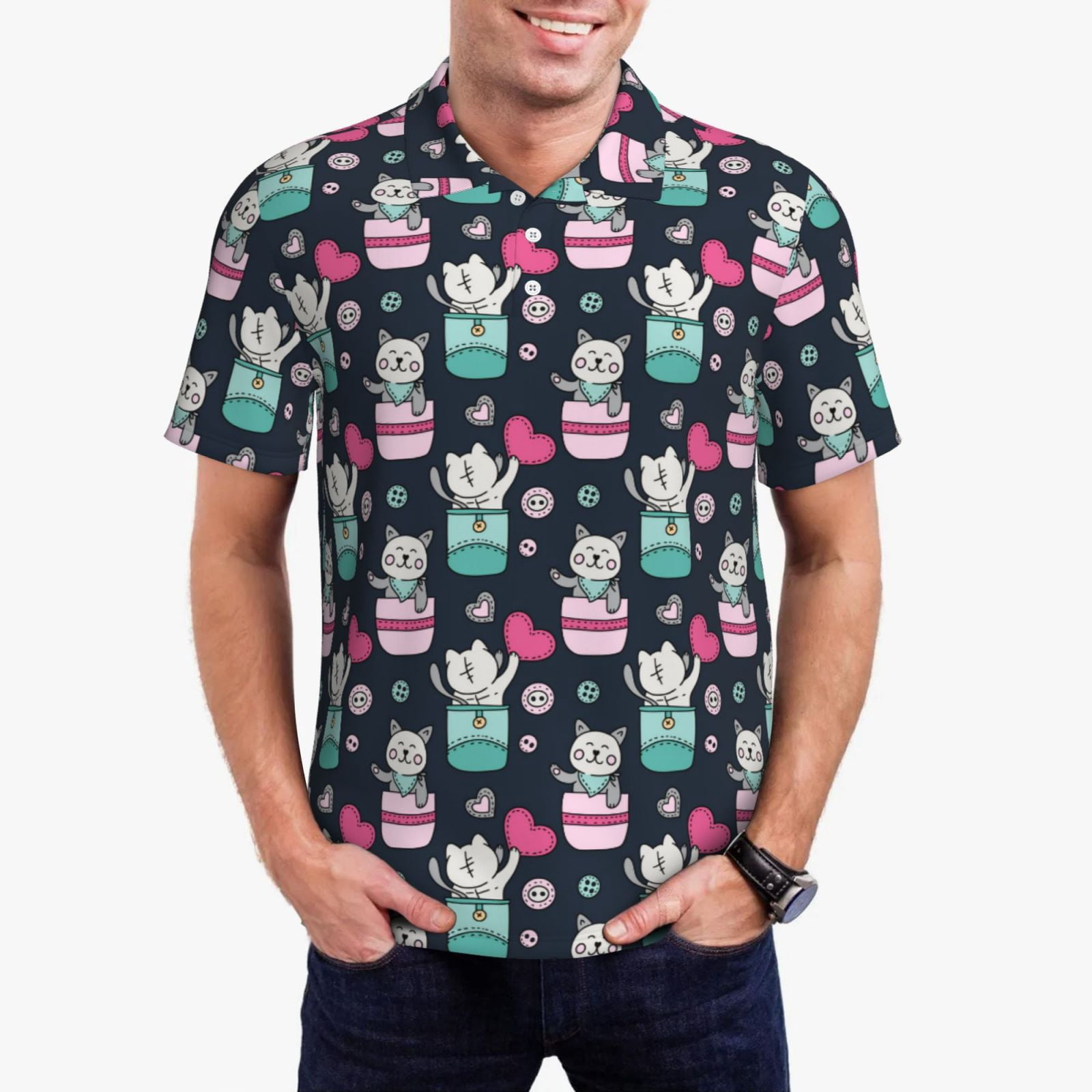 Polo Shirts for Men, Urban Cute Cartoon Cat Heart Cuteness Casual Mens ...