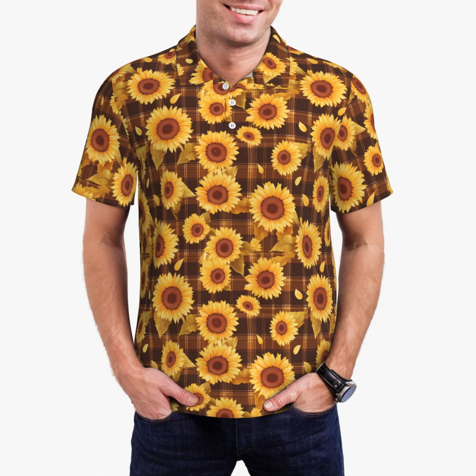 Polo Shirts for Men - Vintage Brown Plaid Sunflower Mens Polo Shirts ...