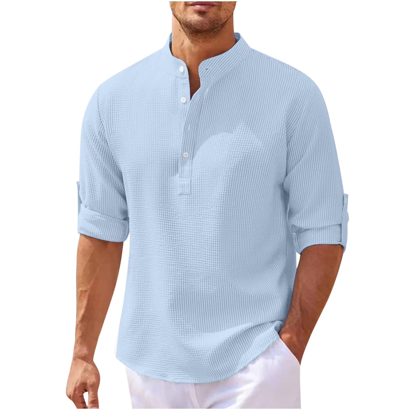 Polo Shirts for Men Waffle Texture Long Sleeves Plain Golf tees Casual ...