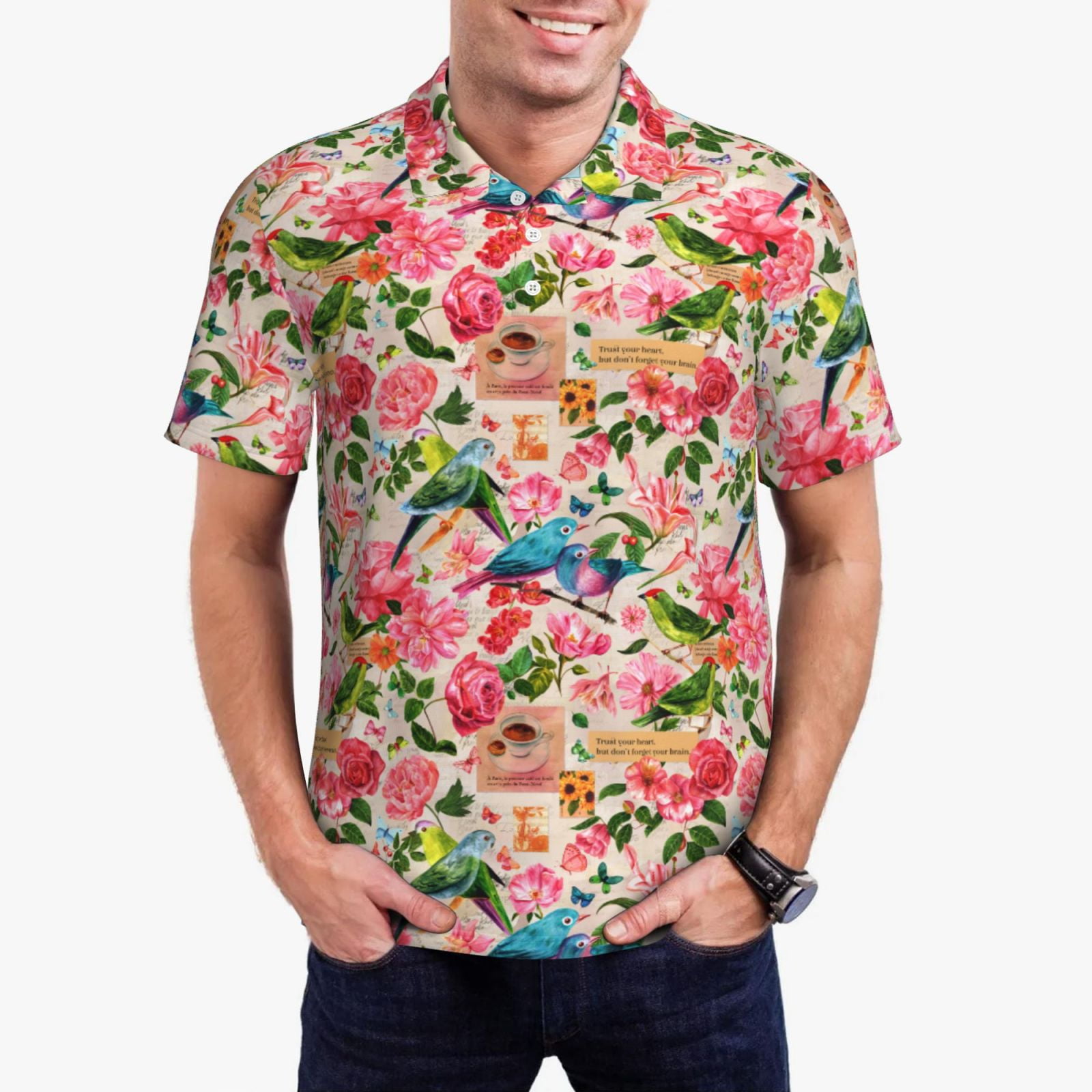 Polo Shirts for Men - Watercolor Birds Mens Polo Shirts Short Sleeve ...