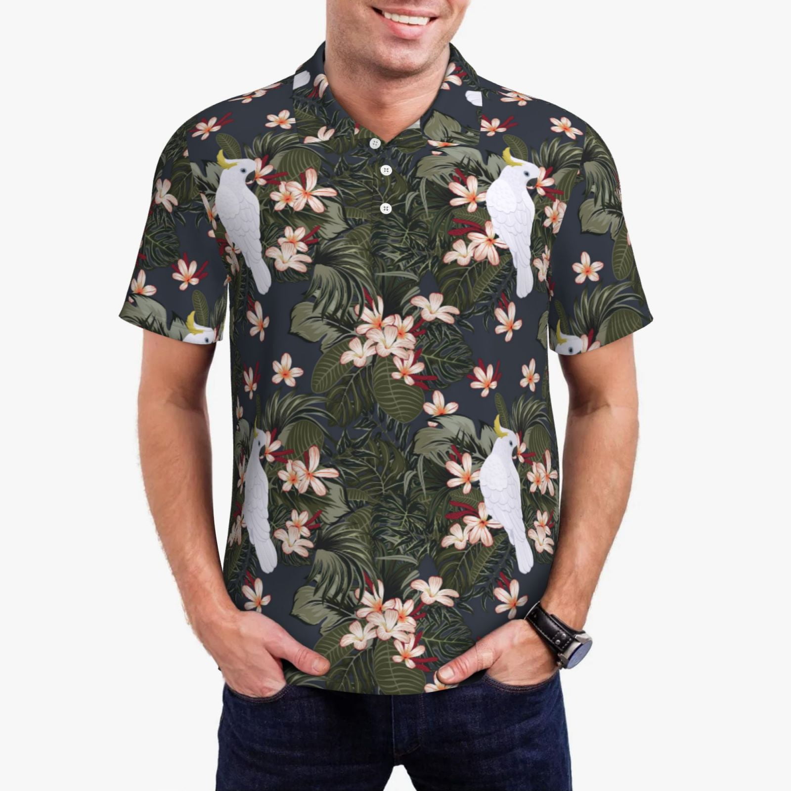 Polo Shirts for Men, White Cute Cockatoo Parrot Plant Cuteness Casual ...