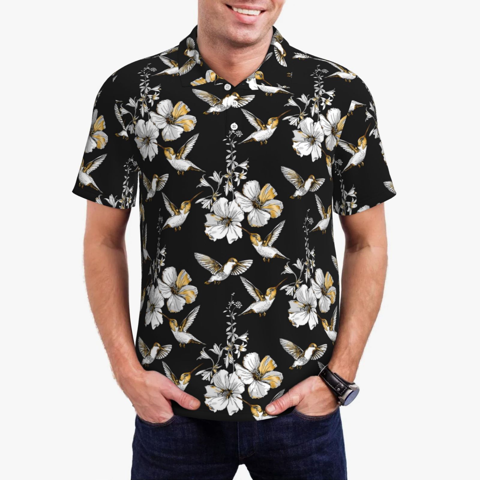 Polo Shirts for Men White Flowers Hummingbirds Casual Mens Short Sleeve ...