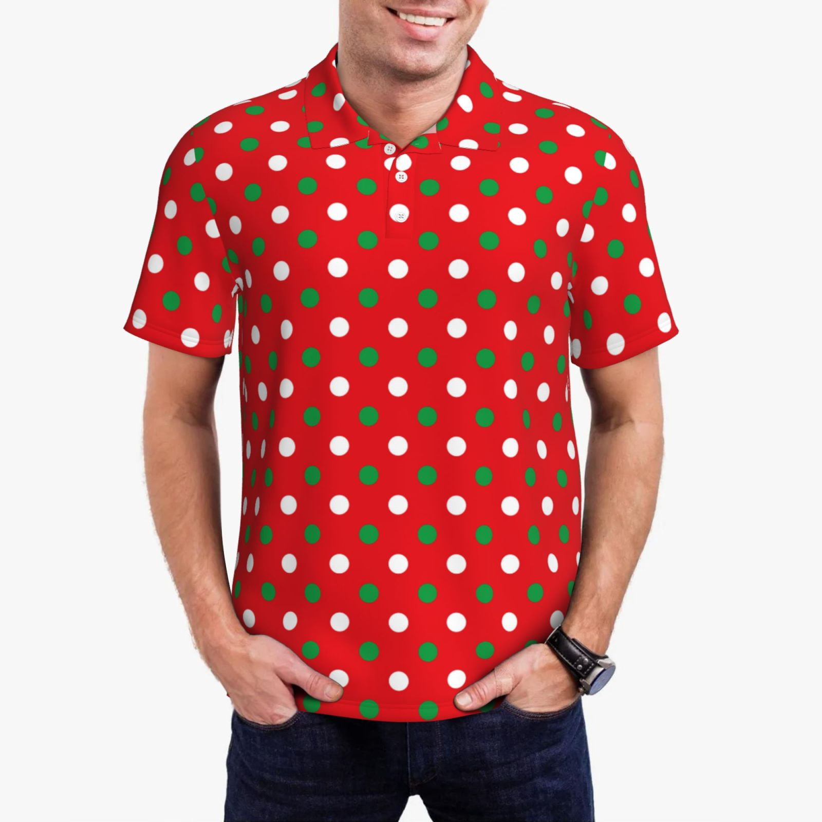 Polo Shirts for Men - White and Green Polka Dot Mens Polo Shirts Short ...