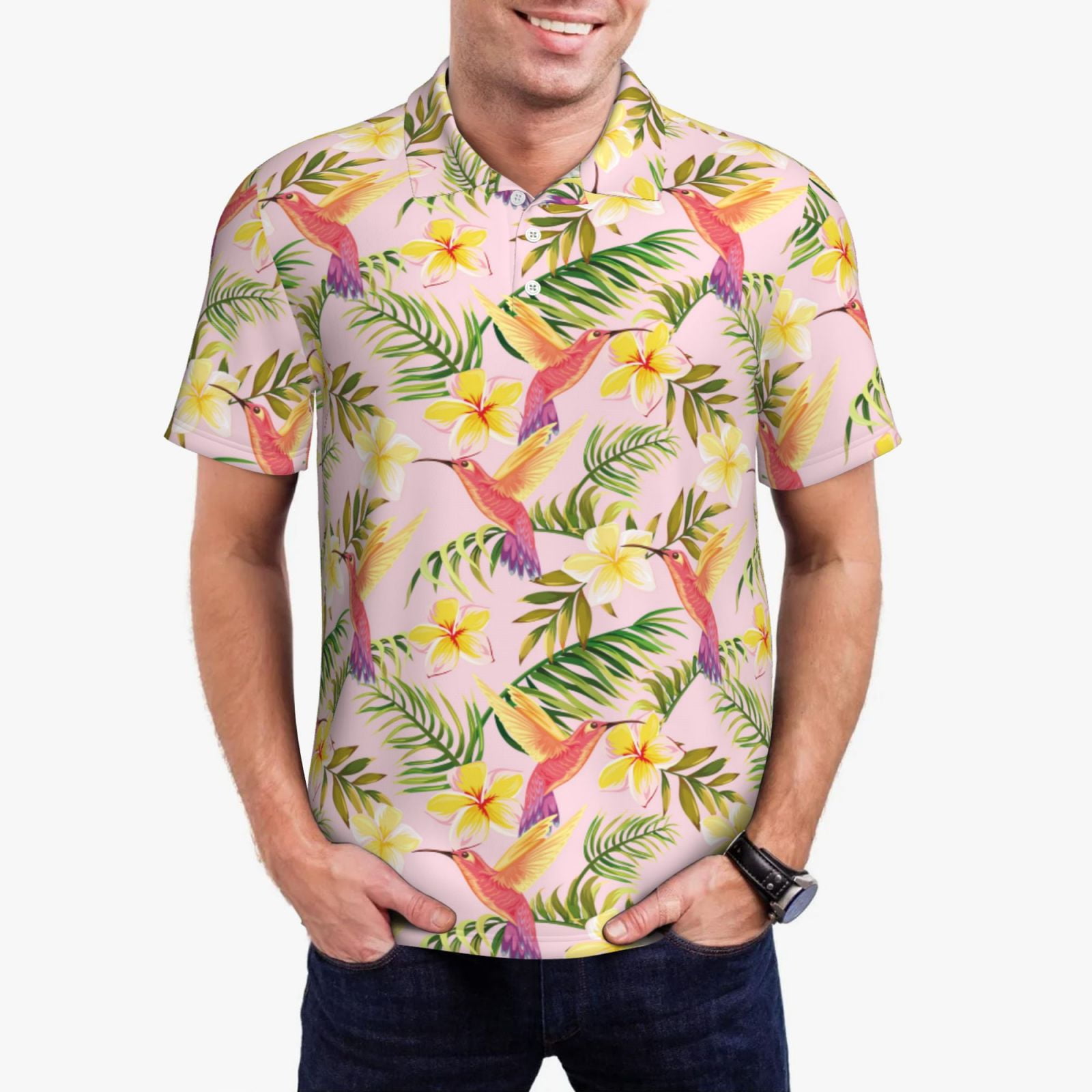 Polo Shirts for Men - Yellow Flower Red Hummingbird Mens Polo Shirts ...