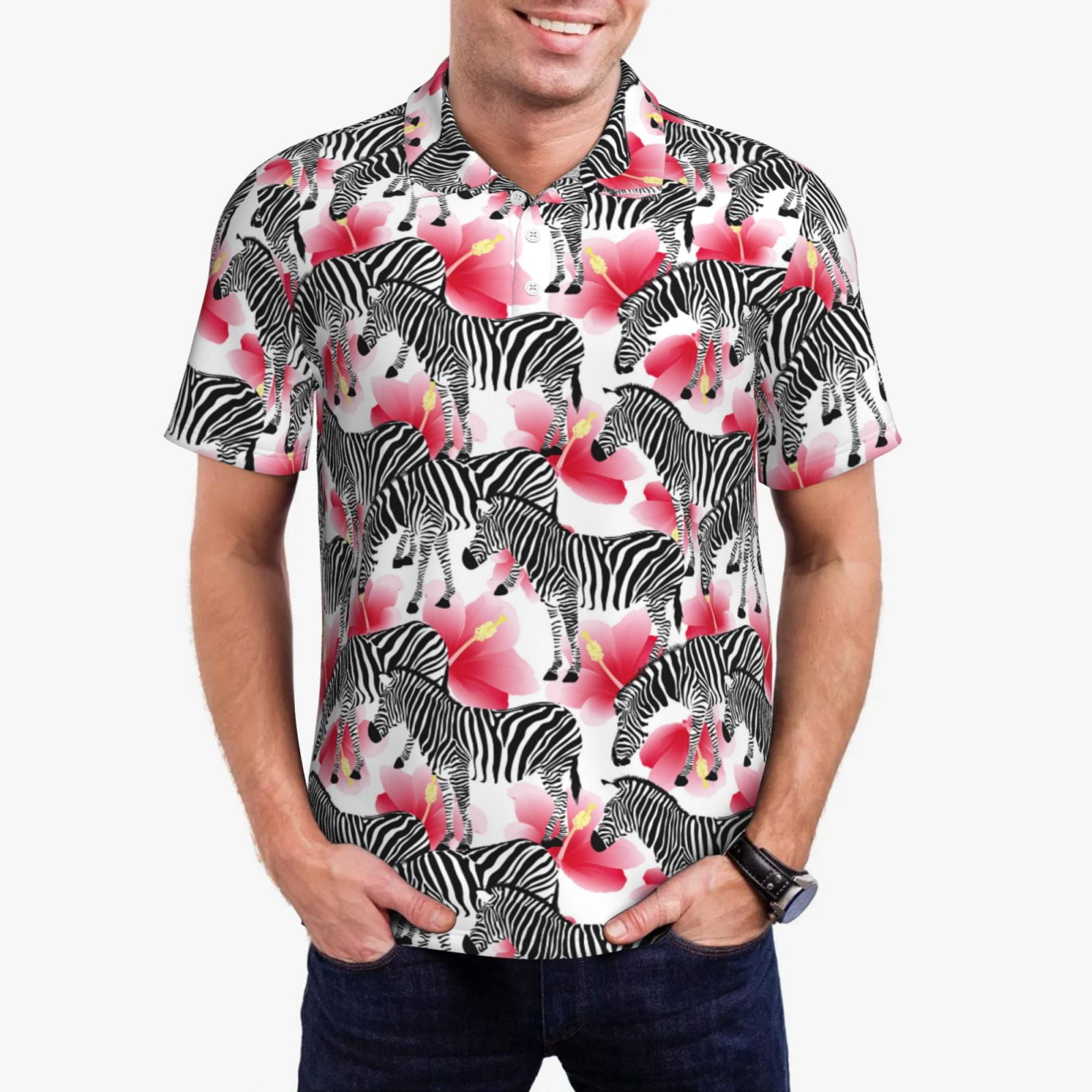 Polo Shirts for Men Zebra pink hibiscus flower Casual Mens Short Sleeve ...