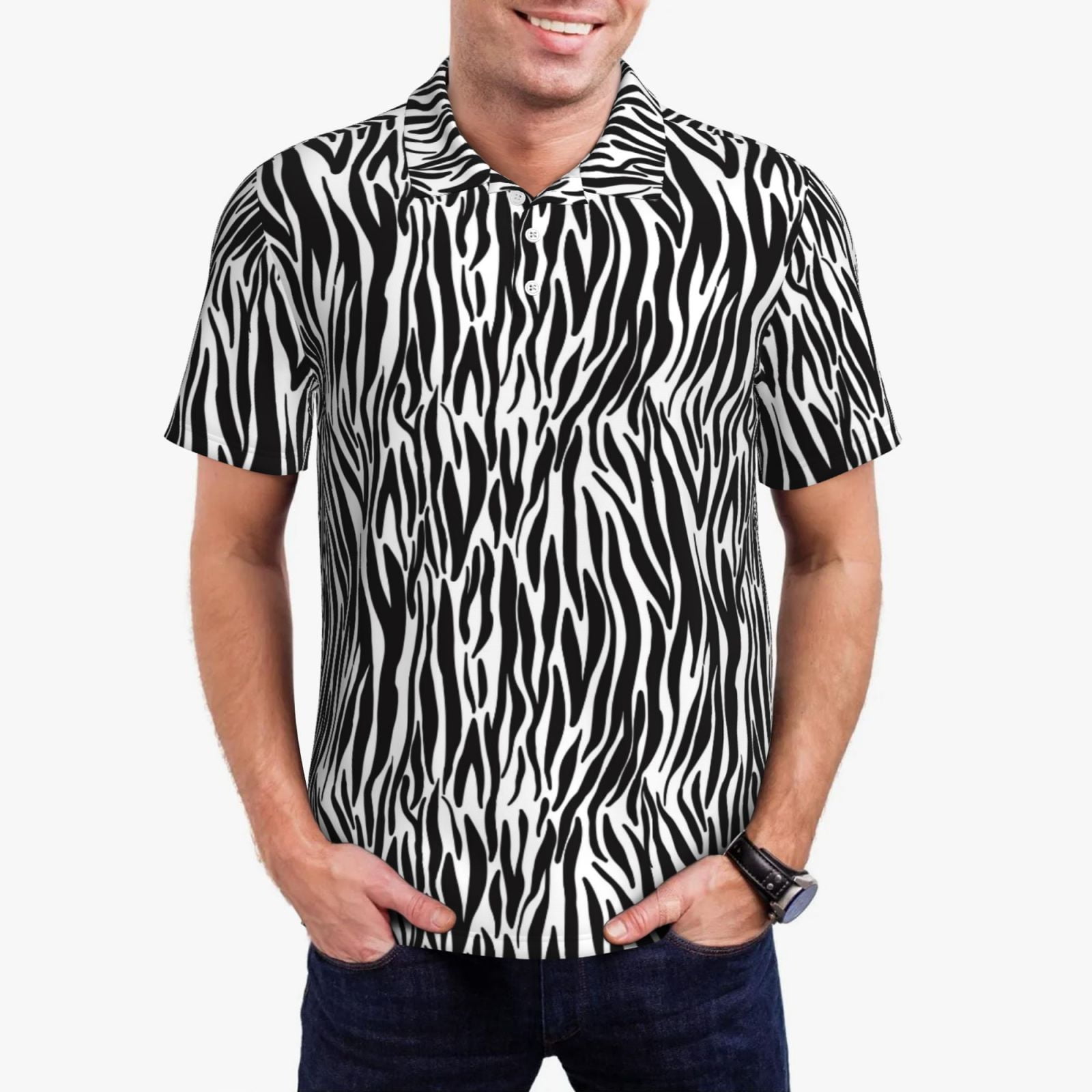Polo Shirts for Men - Zebra print Mens Polo Shirts Short Sleeve, Button ...