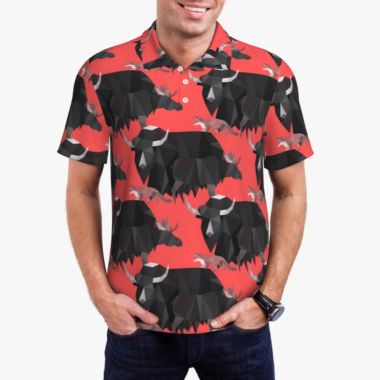 Polo Shirts for Men abstract yak moose fox red cool Casual Mens Short ...