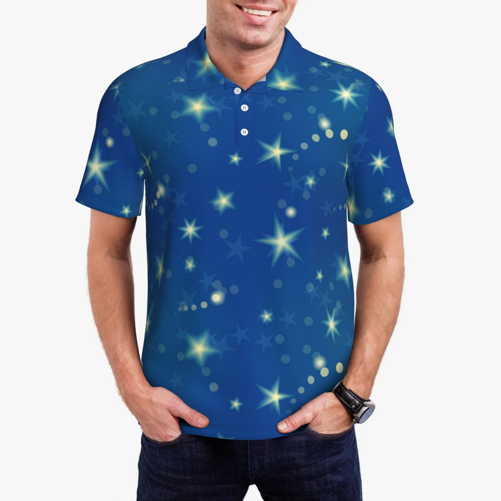 Polo Shirts for Men aesthetic shiny stars night sky blue Casual Mens ...