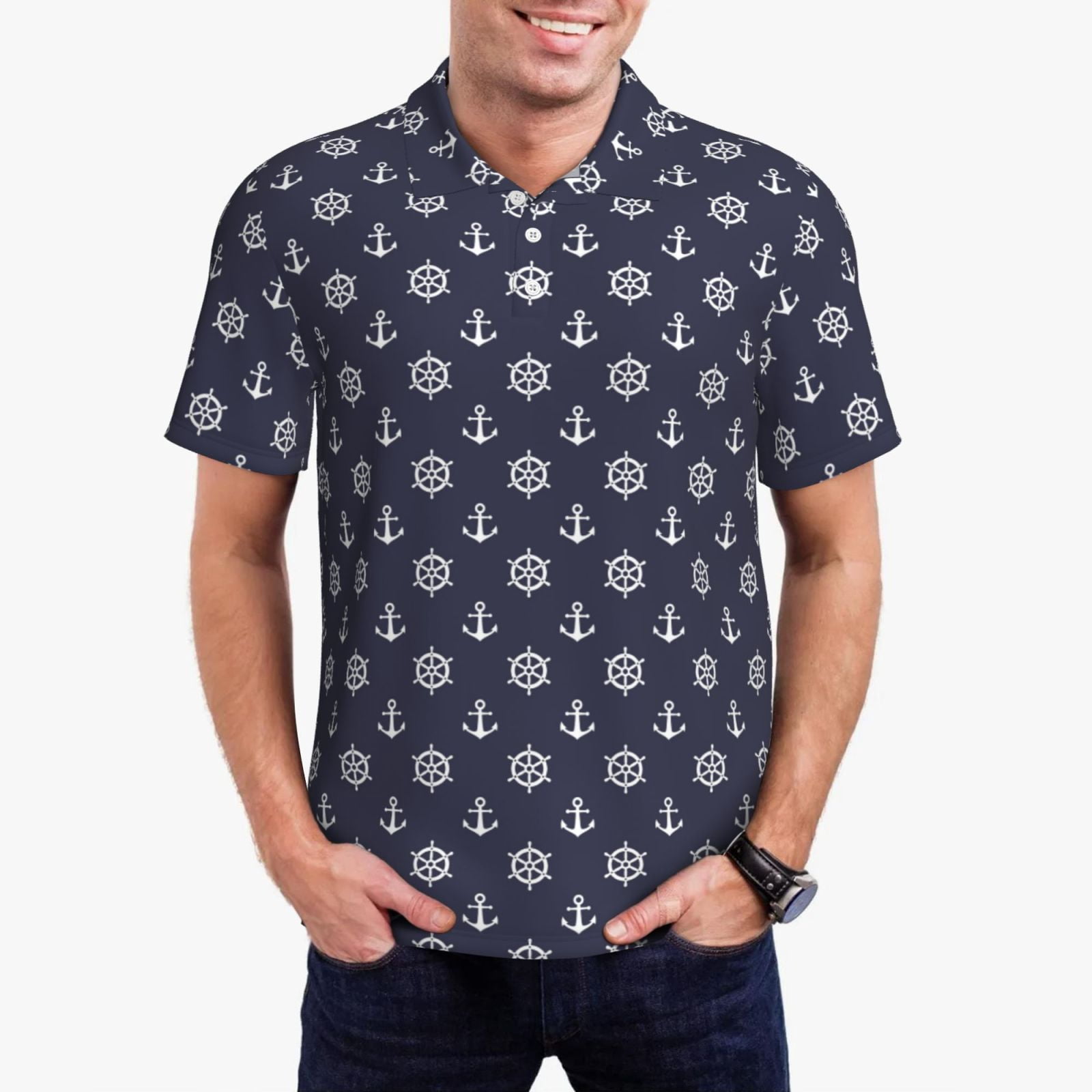 Polo Shirts for Men anchor ship wheel darkblue Casual Mens Short Sleeve ...