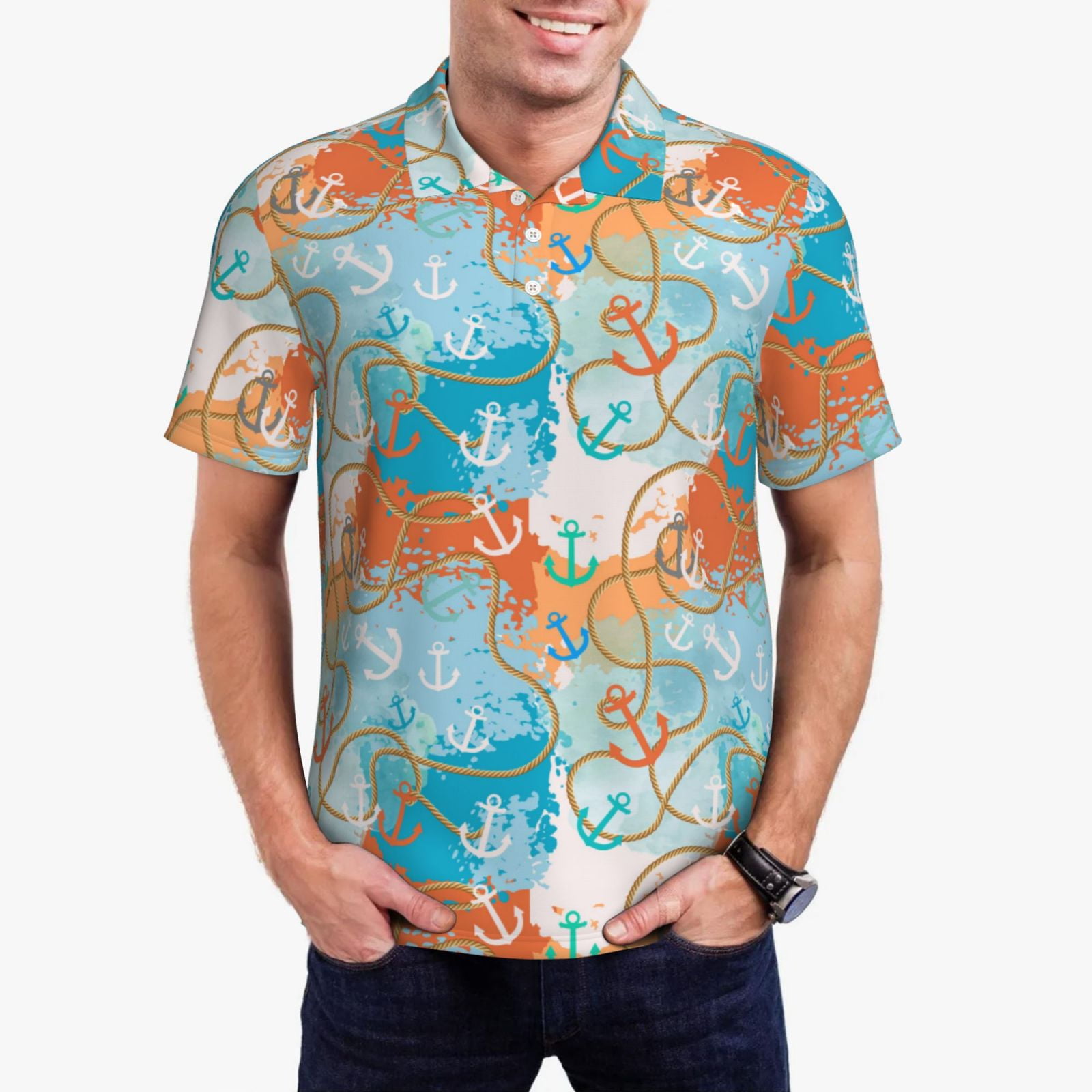 Polo Shirts for Men anchors Wavy lines ropes cool Casual Mens Short ...