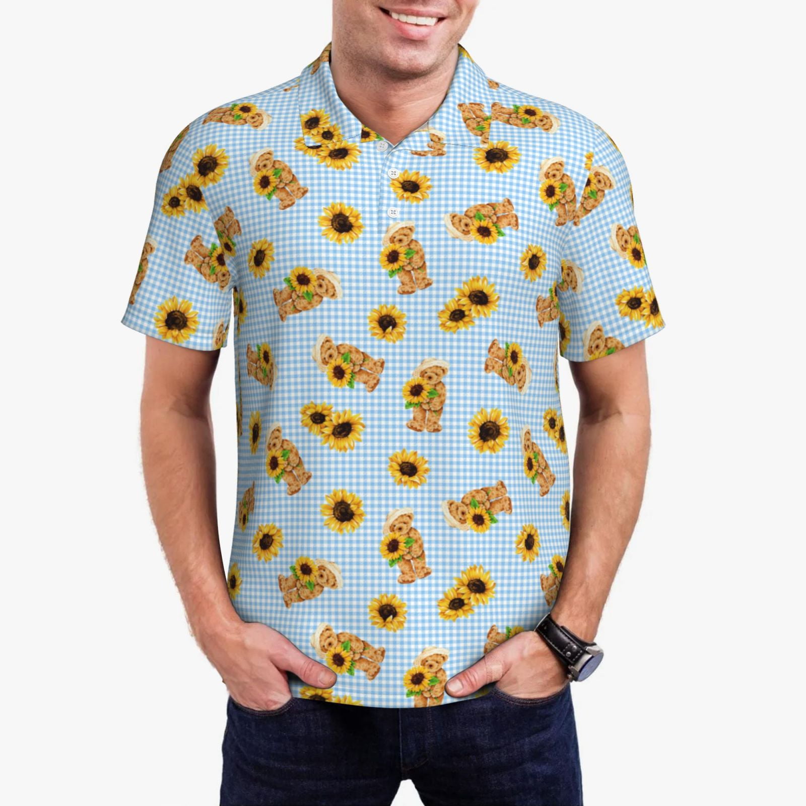 Polo Shirts for Men bear sunflower checkered blue Casual Mens Short ...
