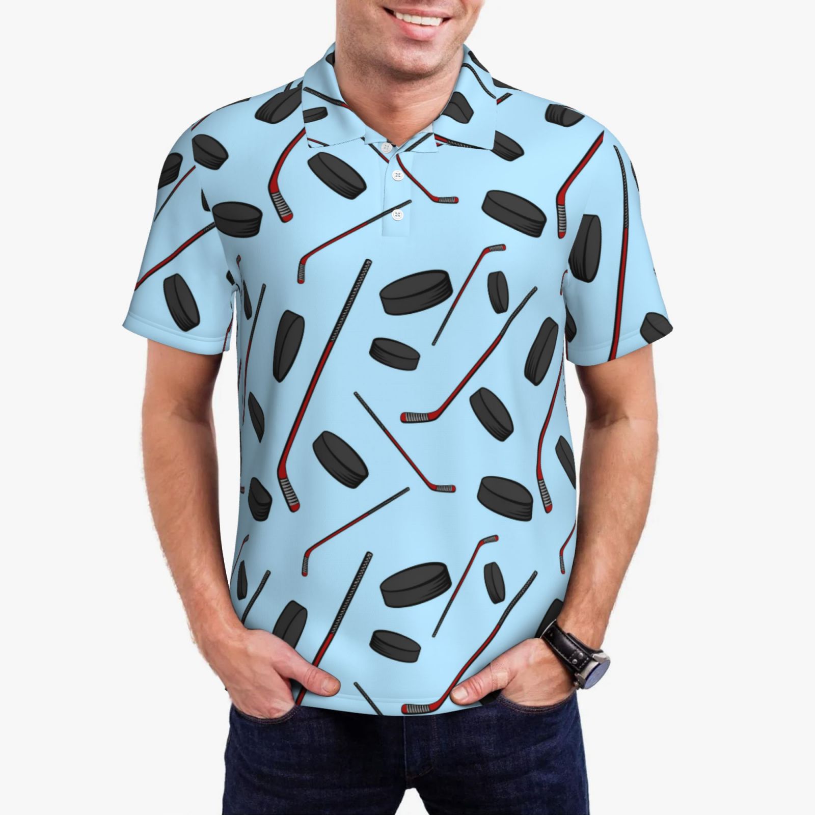 Polo Shirts for Men - blue Hockey sticks pucks cute Mens Polo Shirts ...