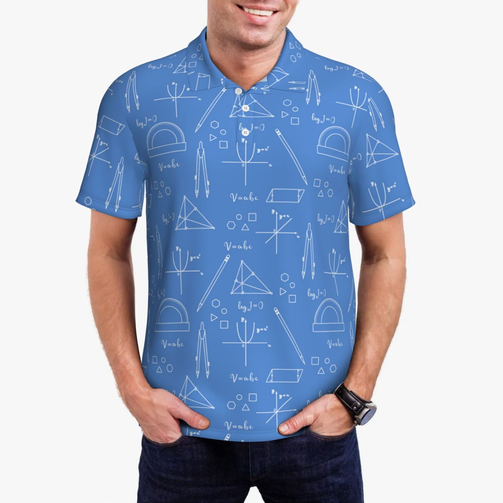 Polo Shirts for Men, blue Math Print ruler Cuteness Casual Mens Polo ...
