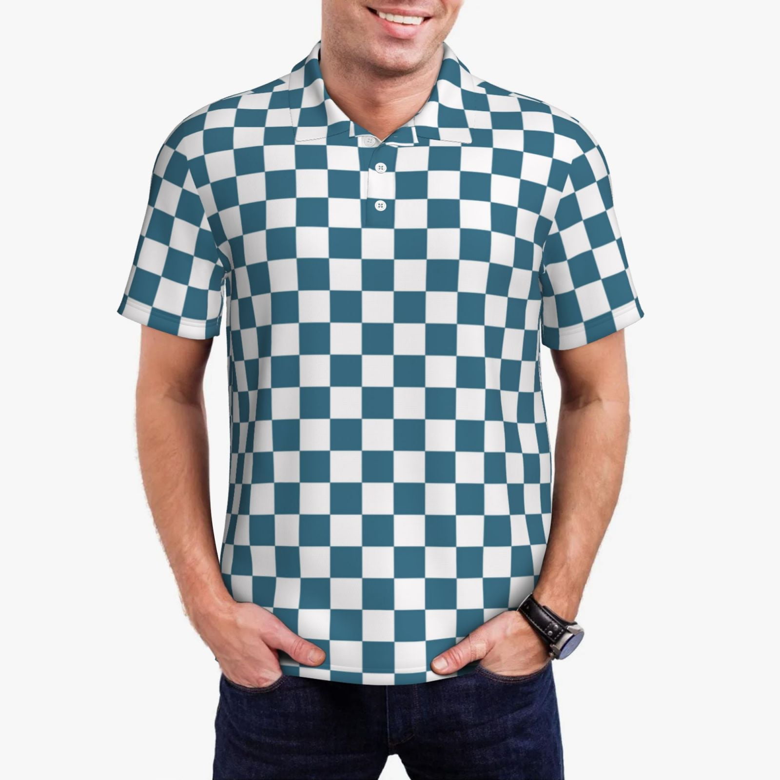Polo Shirts for Men blue white checkered plaid Casual Mens Short Sleeve ...