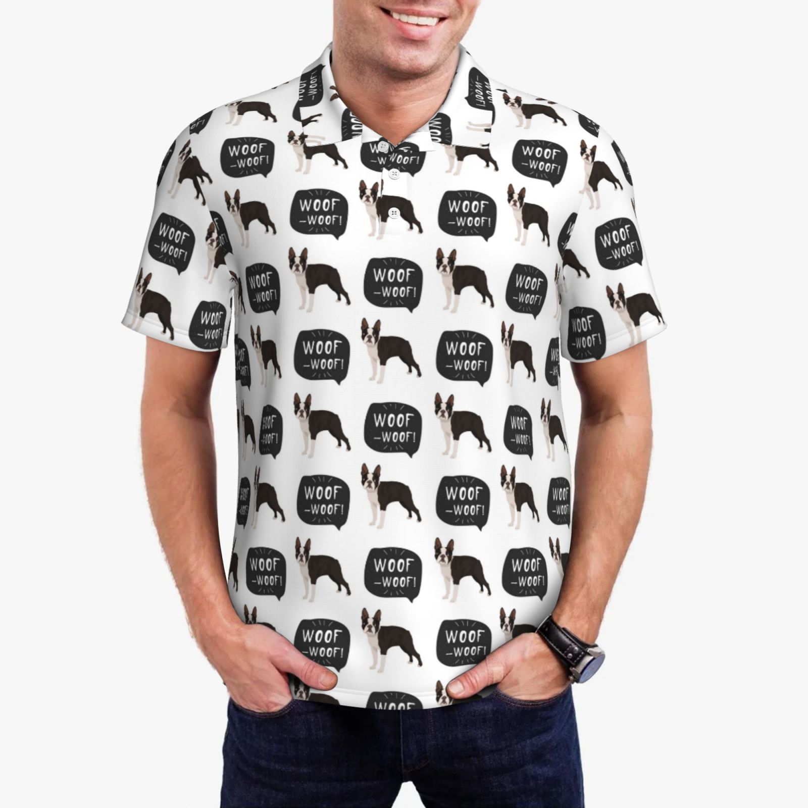 Polo Shirts for Men boston terrier dog woof white Casual Mens Short ...