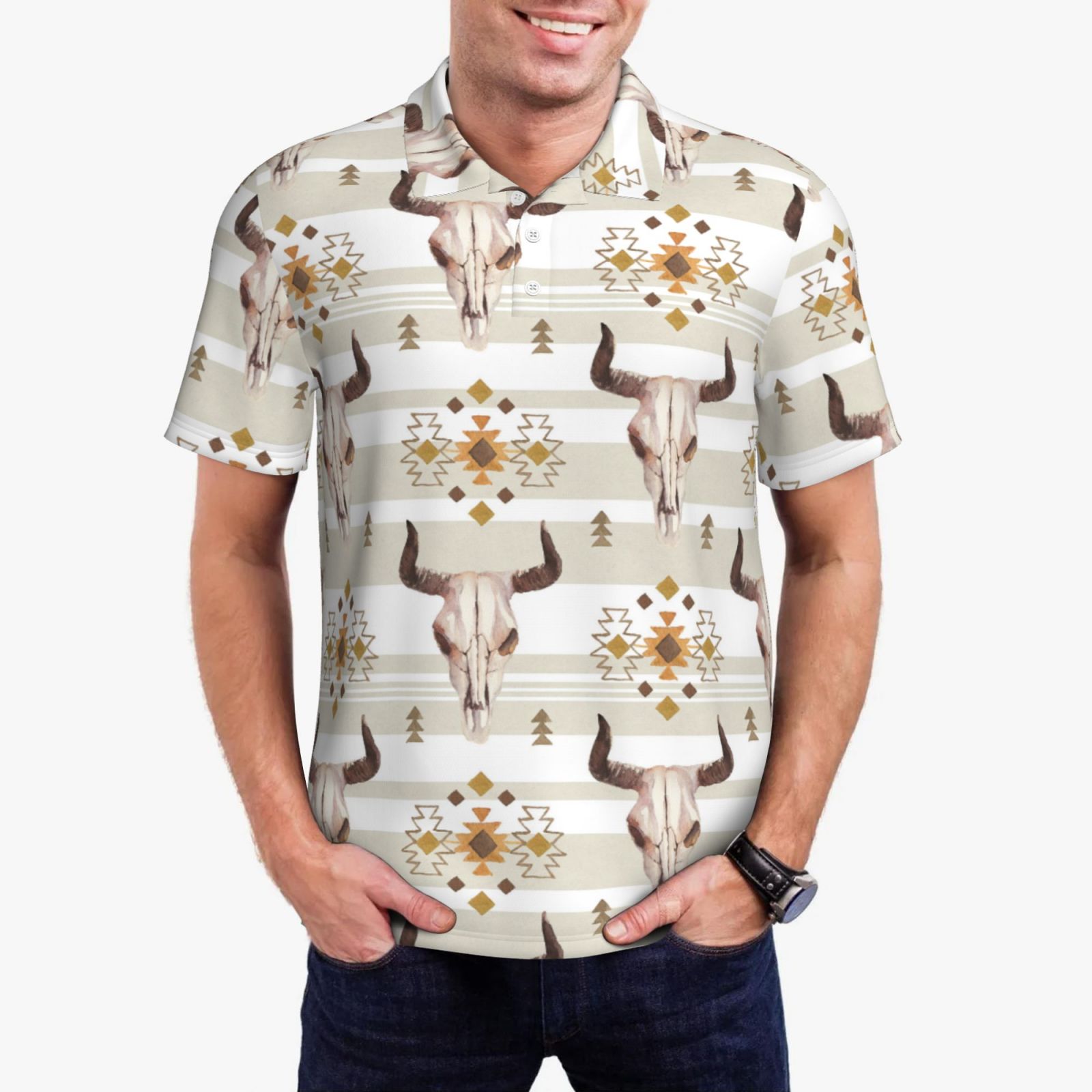 Polo Shirts for Men - bull cow skull boho Indian style Mens Polo Shirts ...