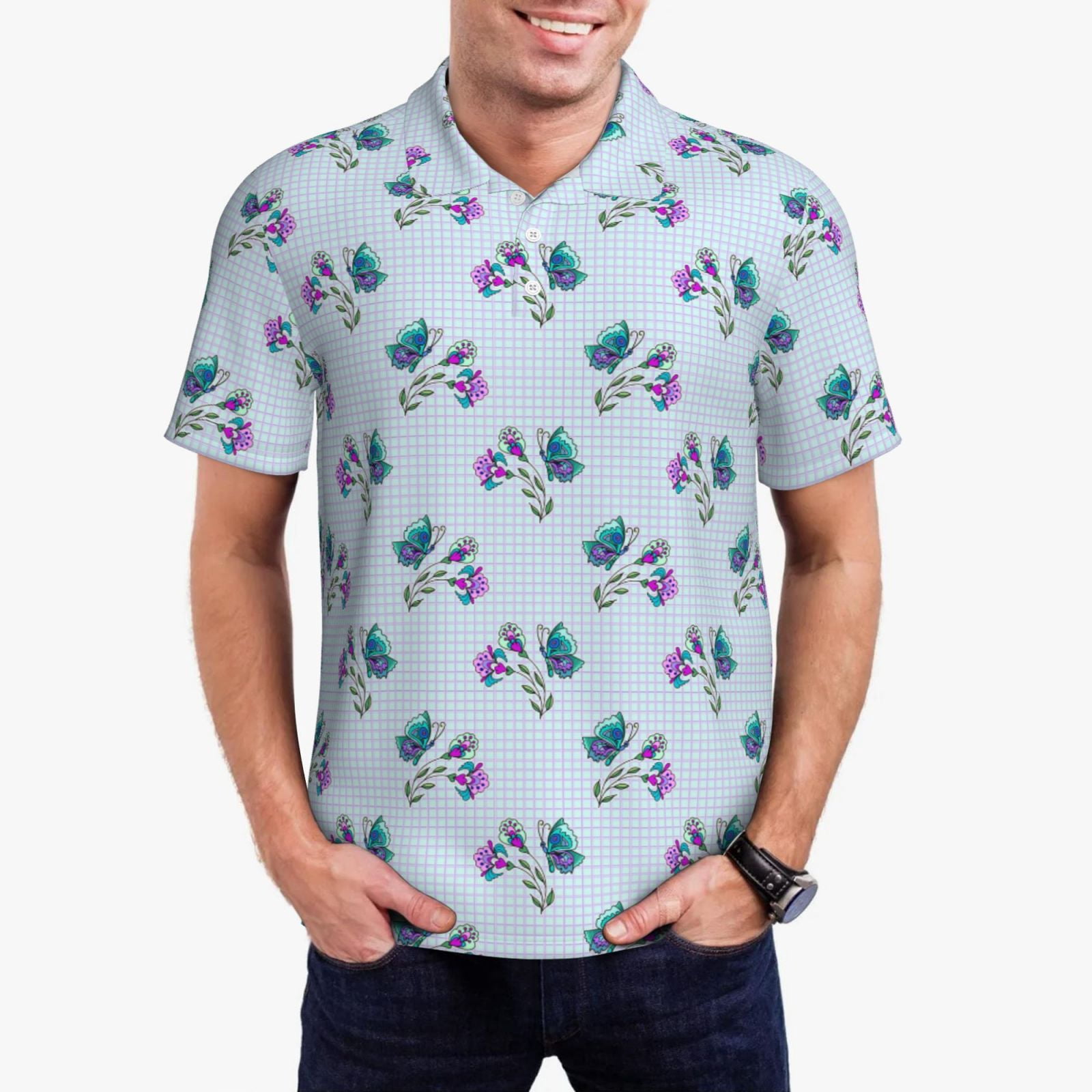 Polo Shirts for Men butterfly violet pink flowers checkered Casual Mens ...