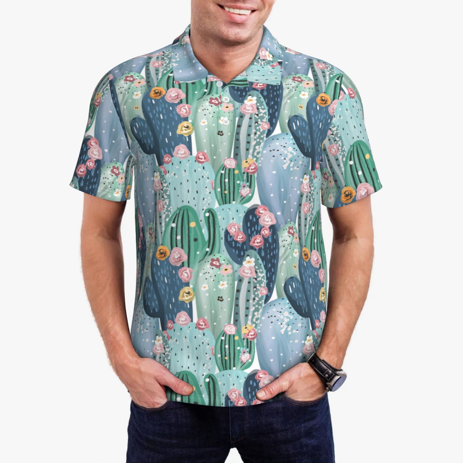 Polo Shirts for Men cartoon Cactus blooming Casual Mens Short Sleeve ...