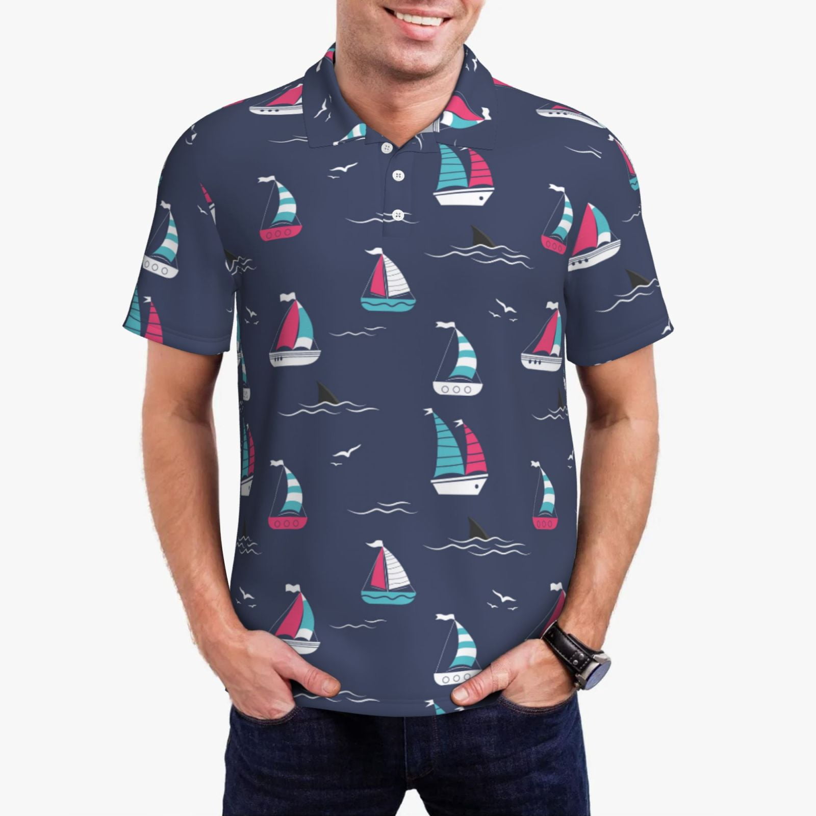 Polo Shirts for Men - cartoon boat shark fins blue Mens Polo Shirts ...