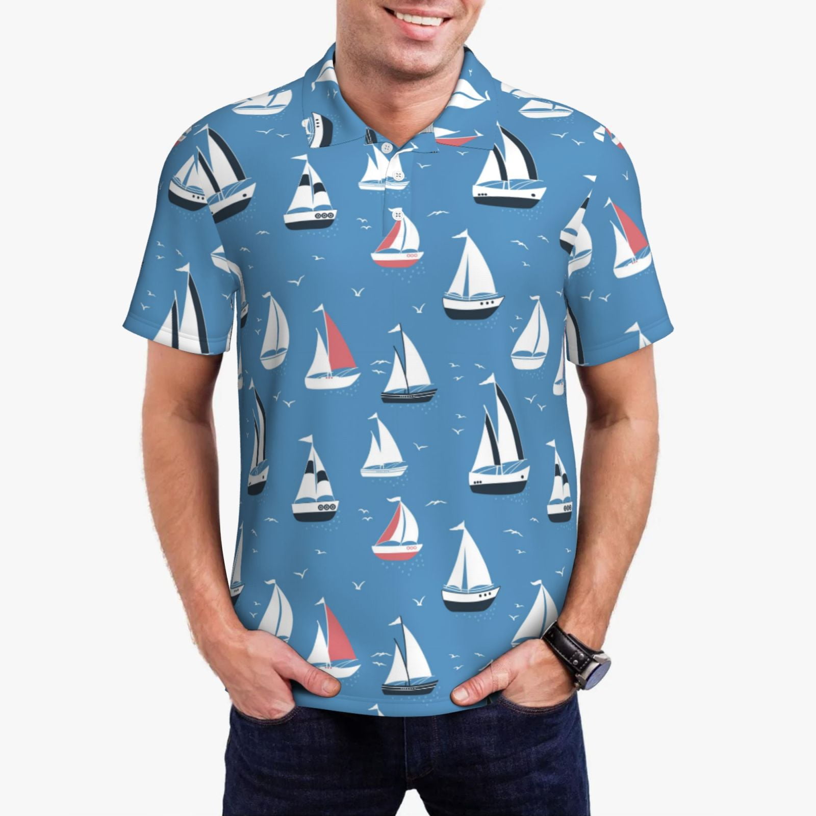 Polo Shirts for Men cartoon boats birds blue Casual Mens Short Sleeve ...