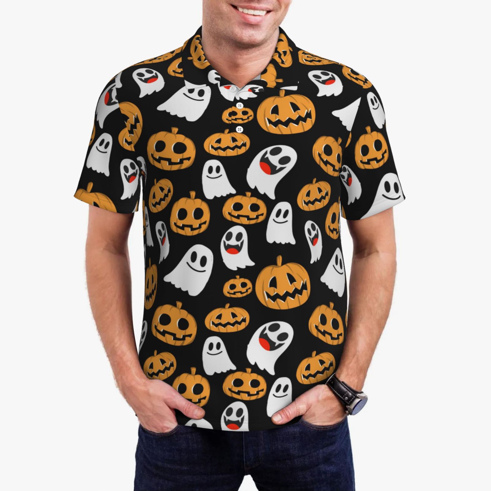 Polo Shirts for Men - cartoon halloween pumpkin print Classic Mens Polo ...