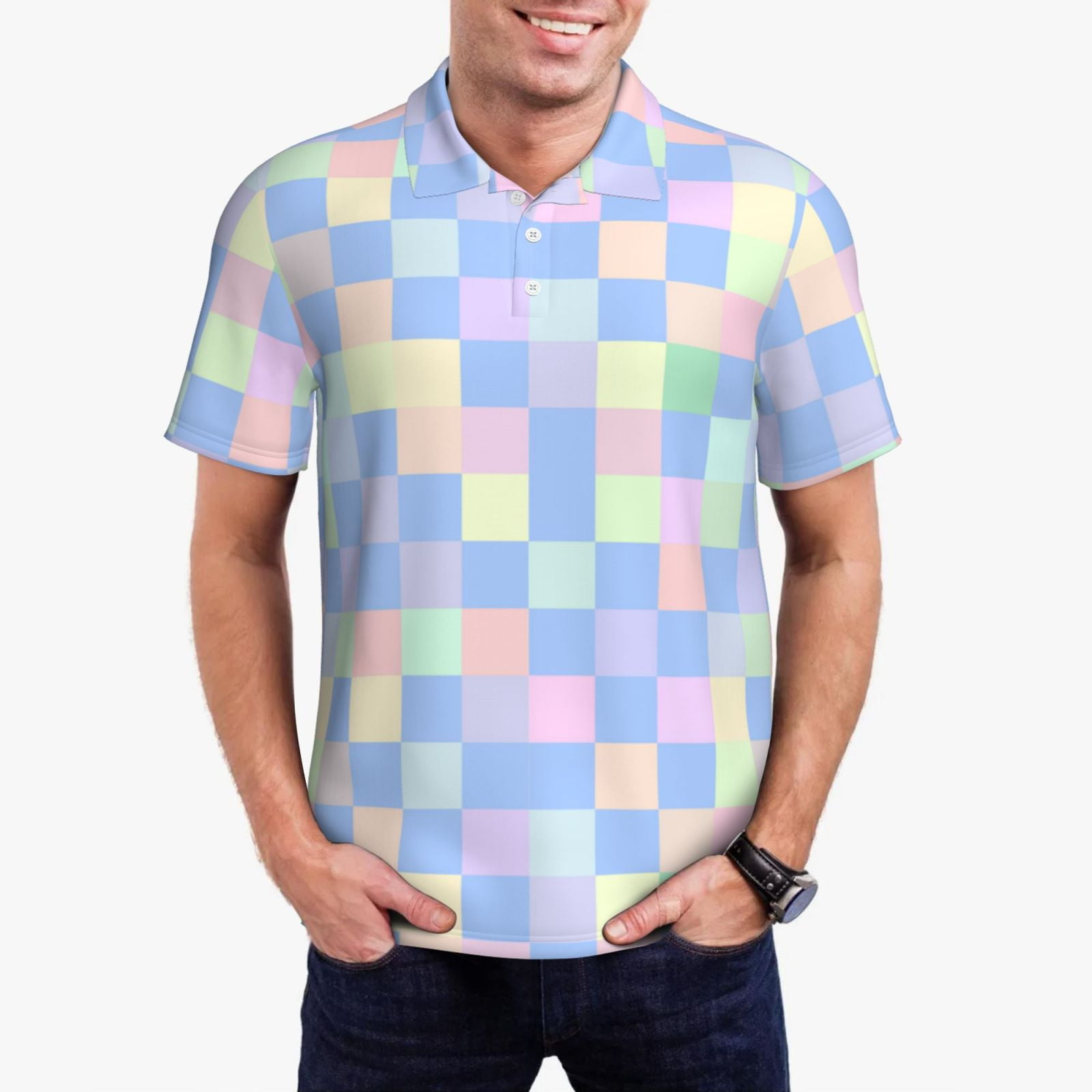 Polo Shirts for Men checkered style pastel colorful Casual Mens Short ...